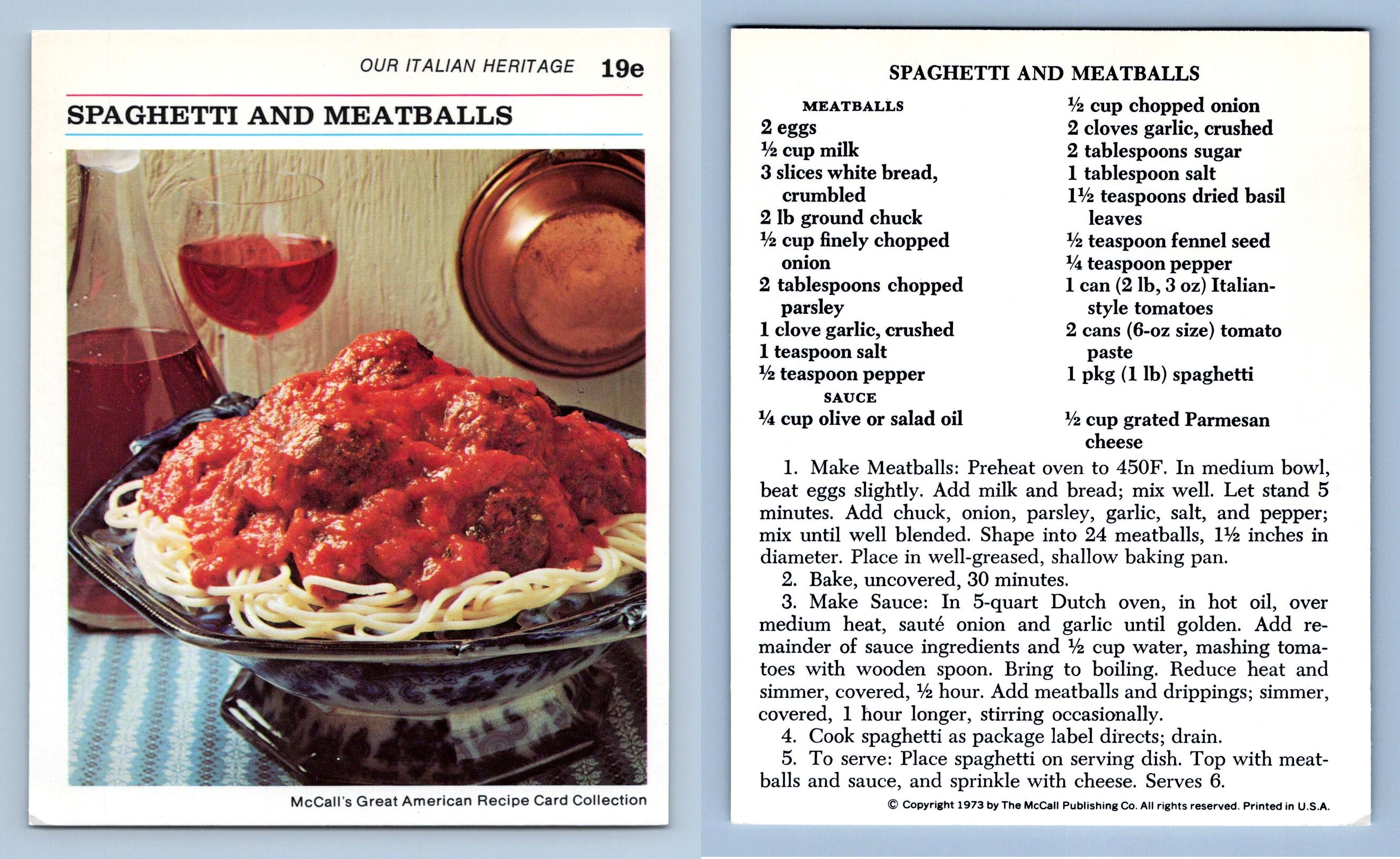 Spaghetti & Meatballs #19E Italian McCall's Great American Recipe Card