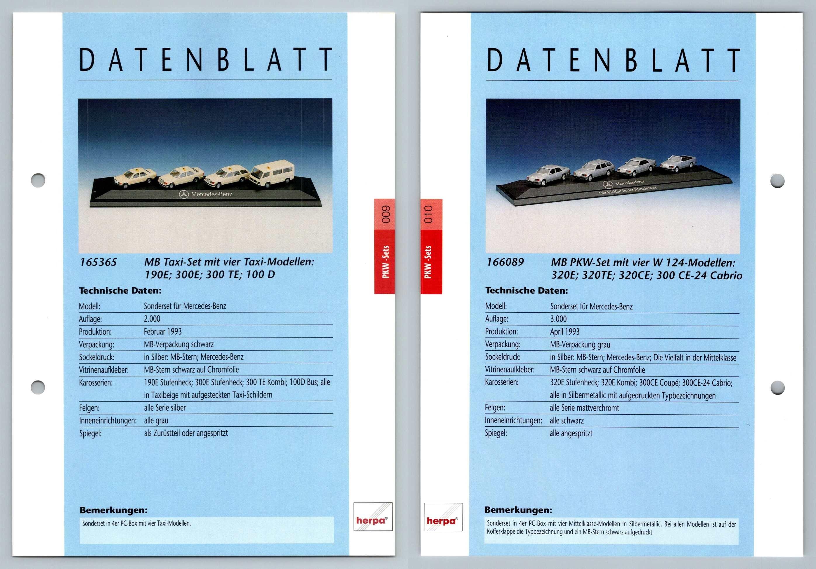 Mercedes Benz Taxi 190E, 300E, 300 TE 100D / PKW Set #9/10 PKW Datenblatt - Herpa Data Sheet