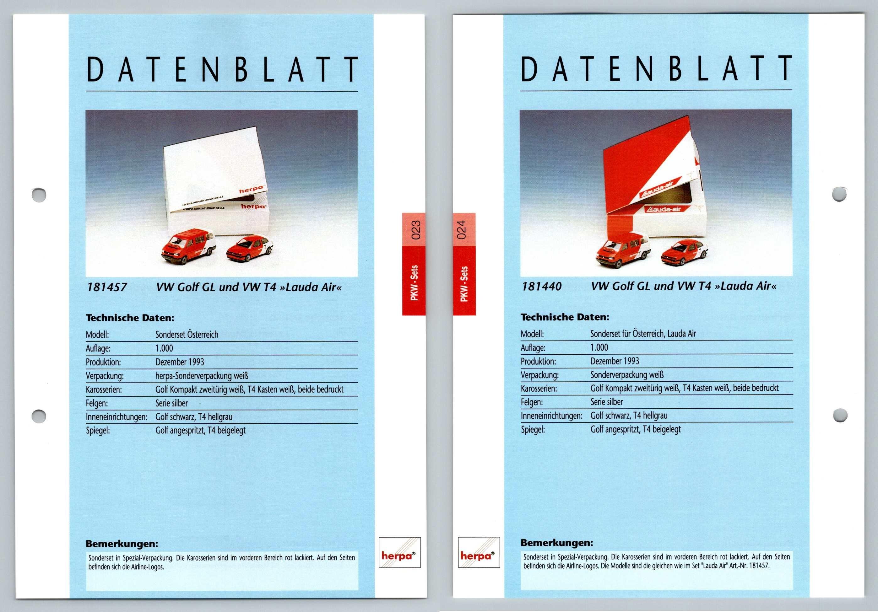 VW Golf GL, T4 / Lauda Air #23/24 PKW Datenblatt - Herpa Data Sheet