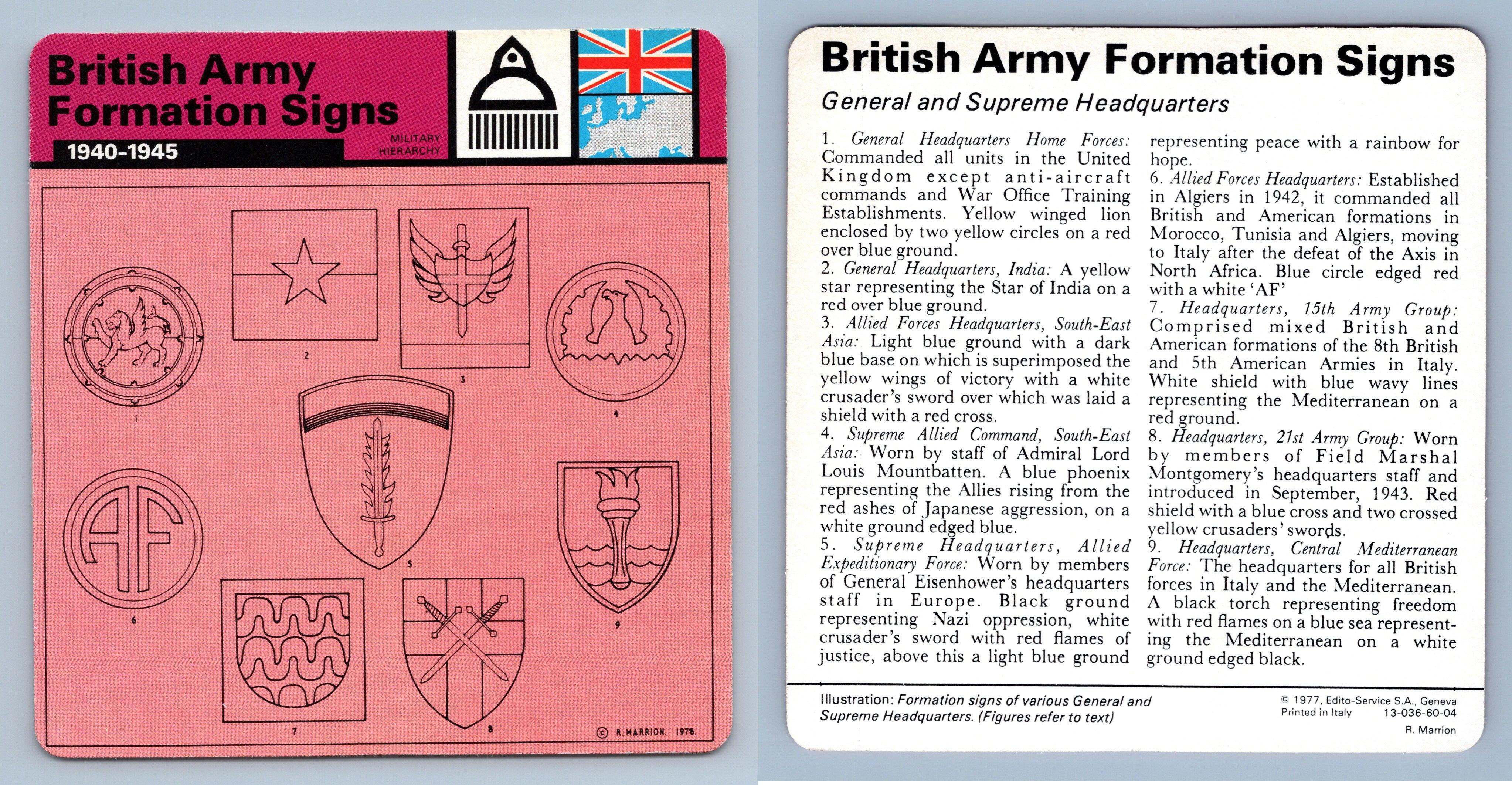 British Army Formation Signs 1940 45 Military WW2 Edito Service SA 1977