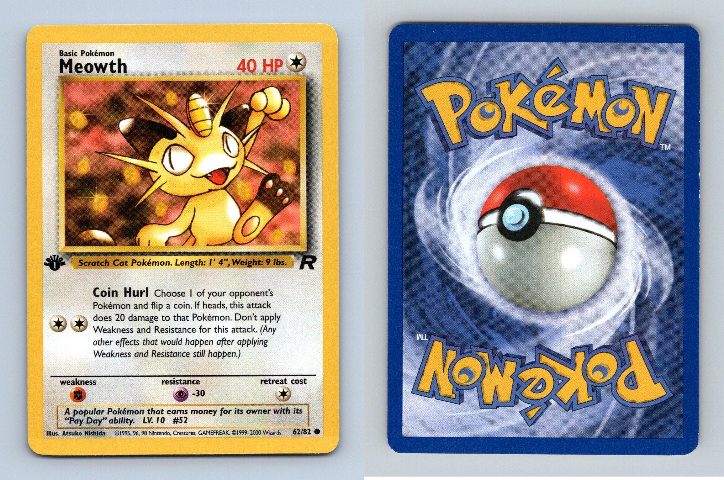 Meowth 62 82 Team Rocket 1st Edition Common Pokemon 2000 TCG Card Meowth 62 82 Team Rocket 1st Edition Common Pokemon 2000 TCG Card