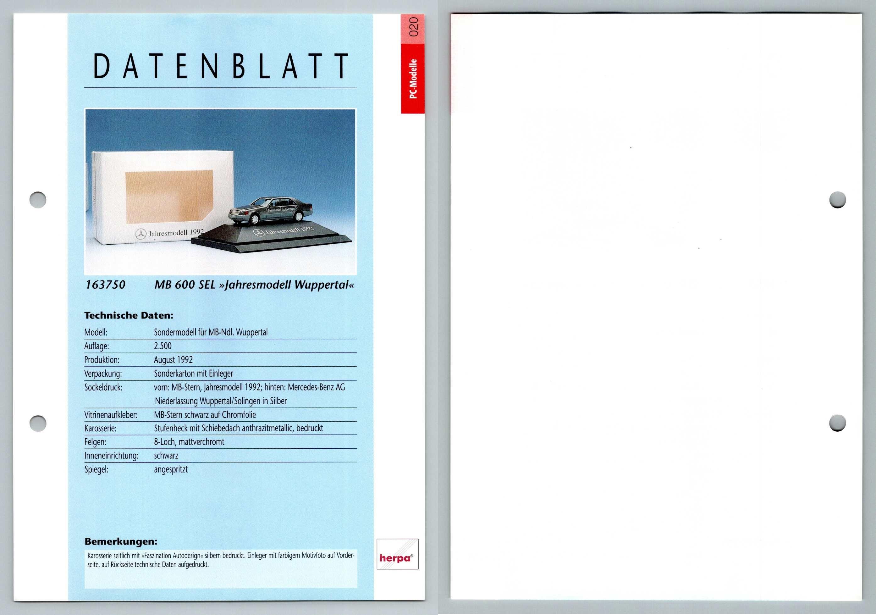 Mercedes Benz 600 SEL #20 PC-Modelle Datenblatt - Herpa Data Sheet