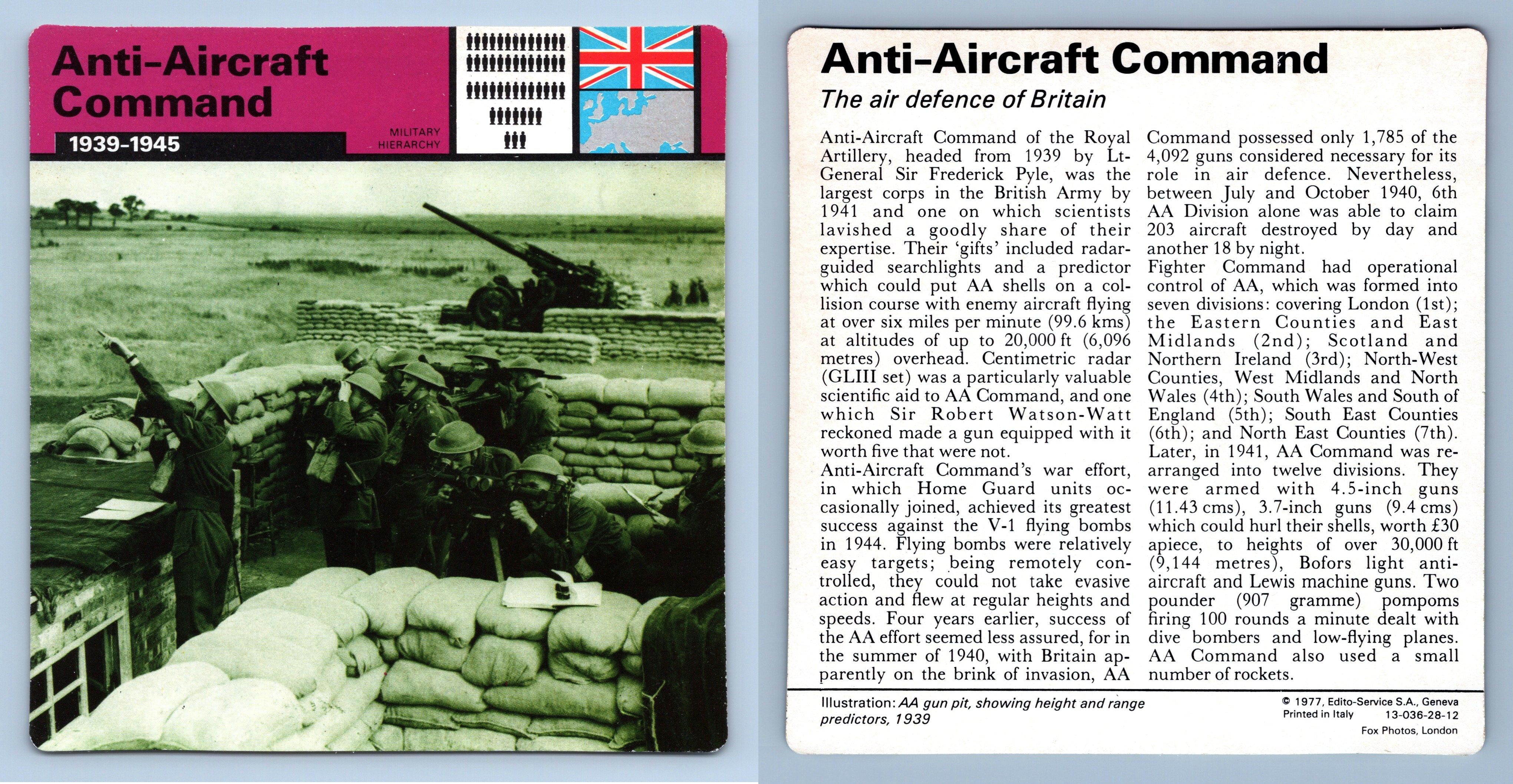 Anti Aircraft Command 1939 45 Military WW2 Edito Service SA 1977 Card Anti Aircraft Command 1939 45 Military WW2 Edito Service SA 1977 Card