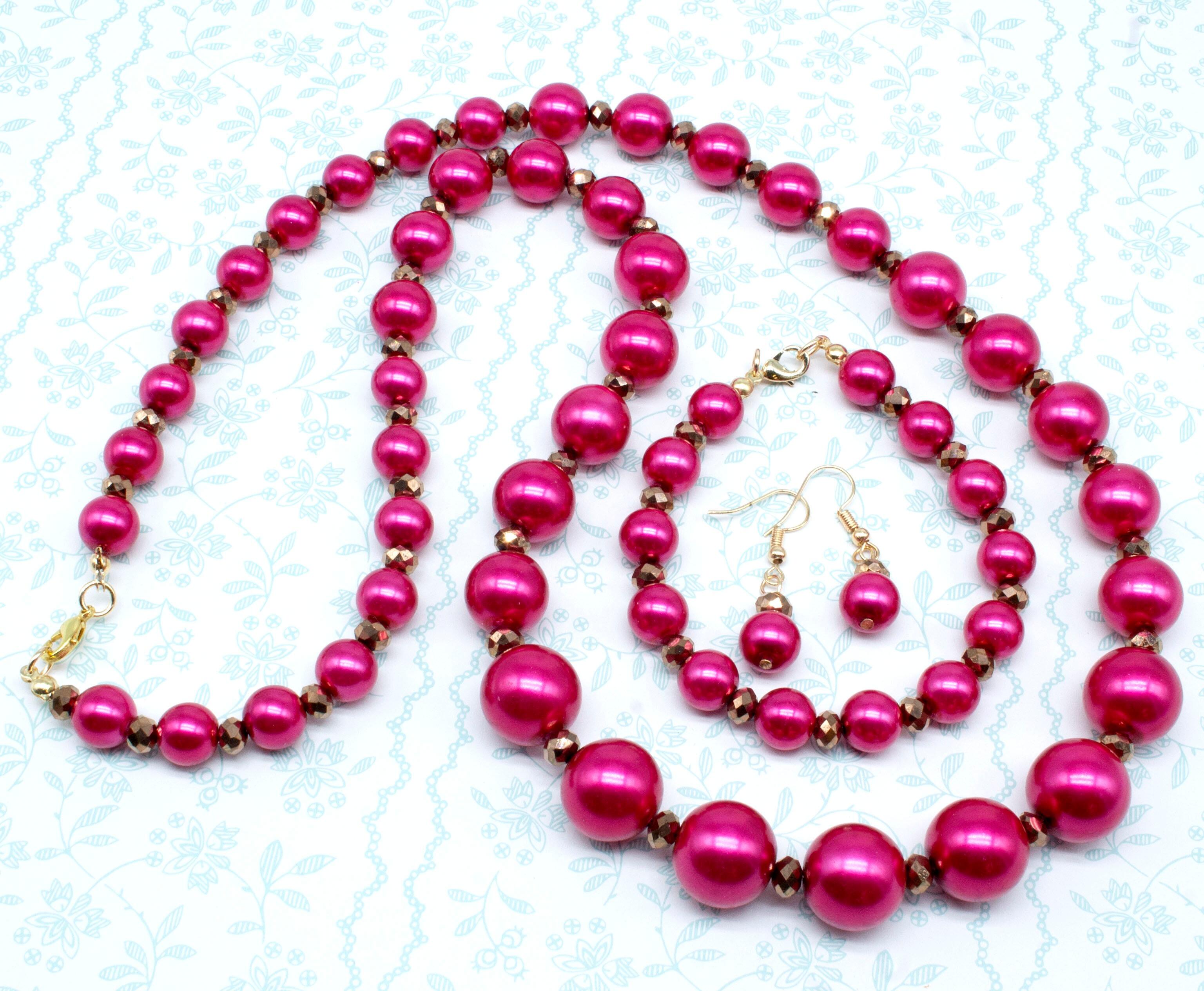 Graduated Pearl & Crystal Jewellery - Light Pink Magenta