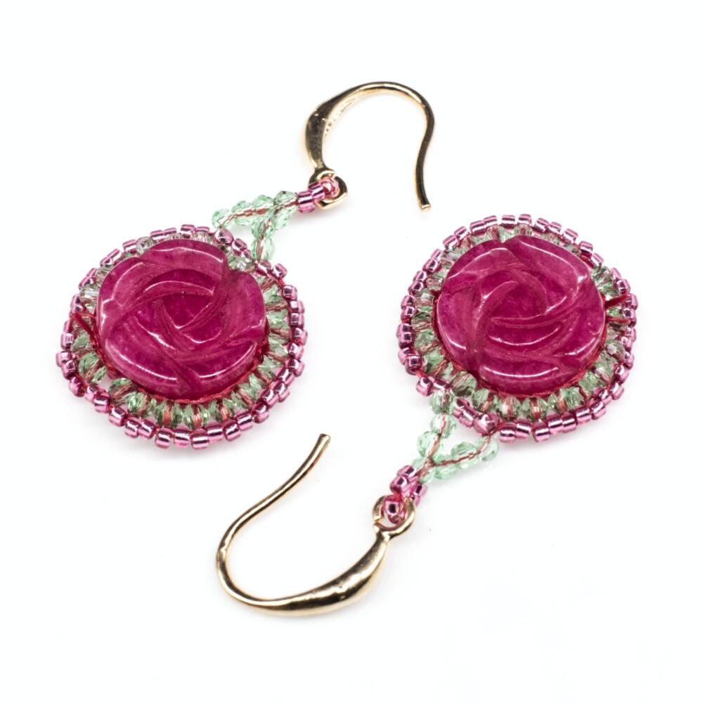 Gemstone Rose Earrings 2 Pairs - Red Jade