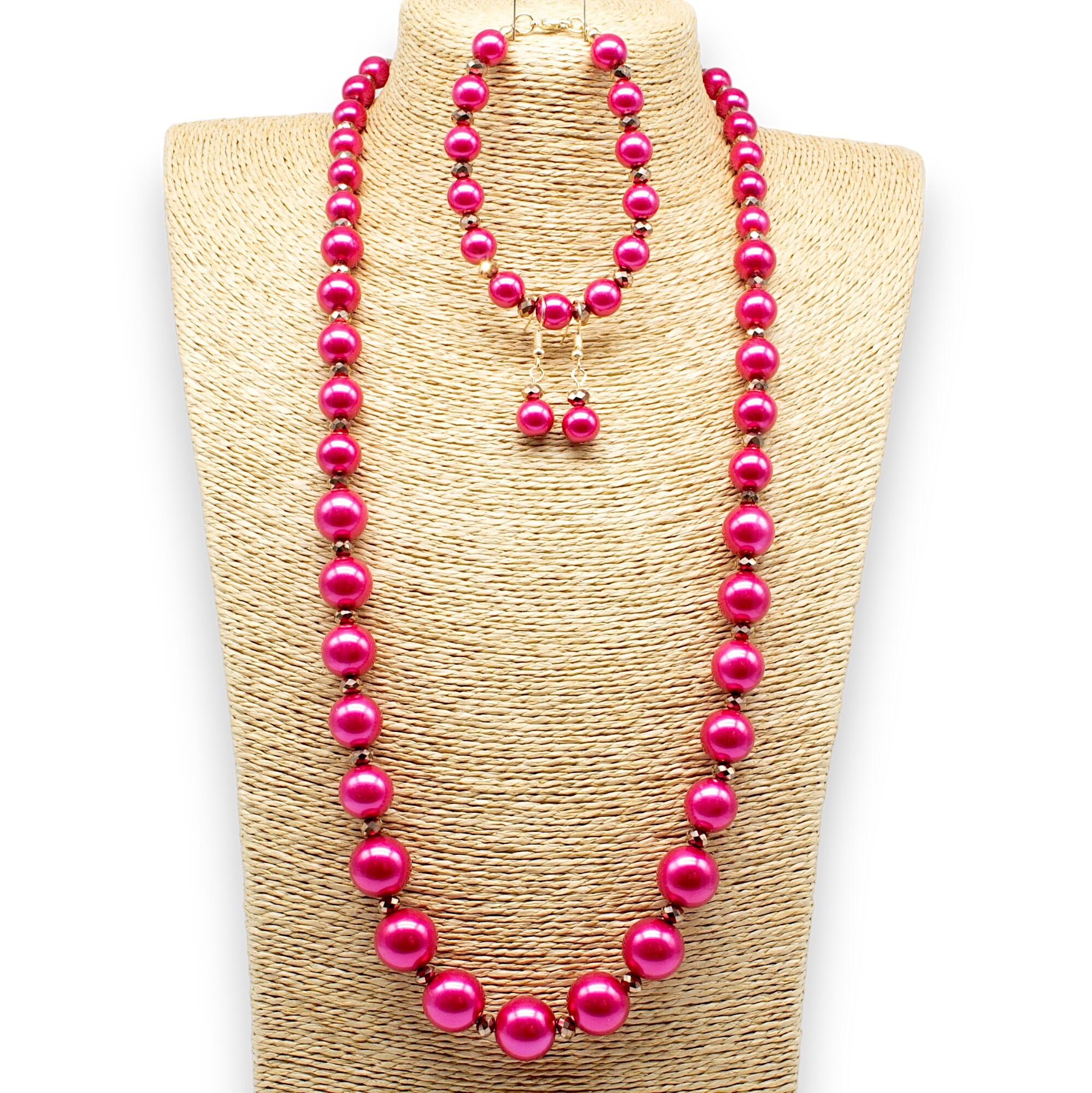 Graduated Pearl & Crystal Jewellery - Light Pink Magenta