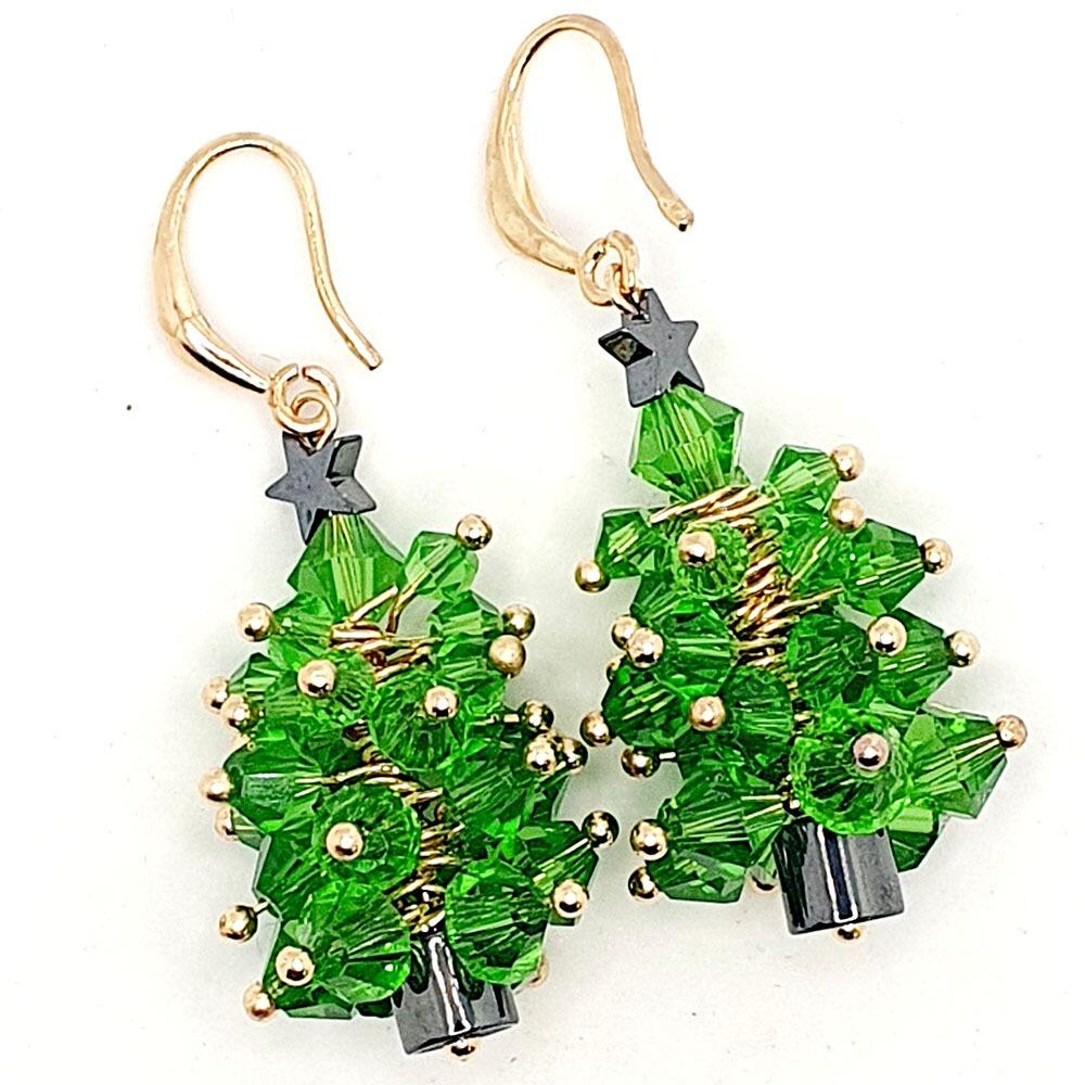 Crystal Bicone Xmas Tree Earrings 3 Pairs - Green