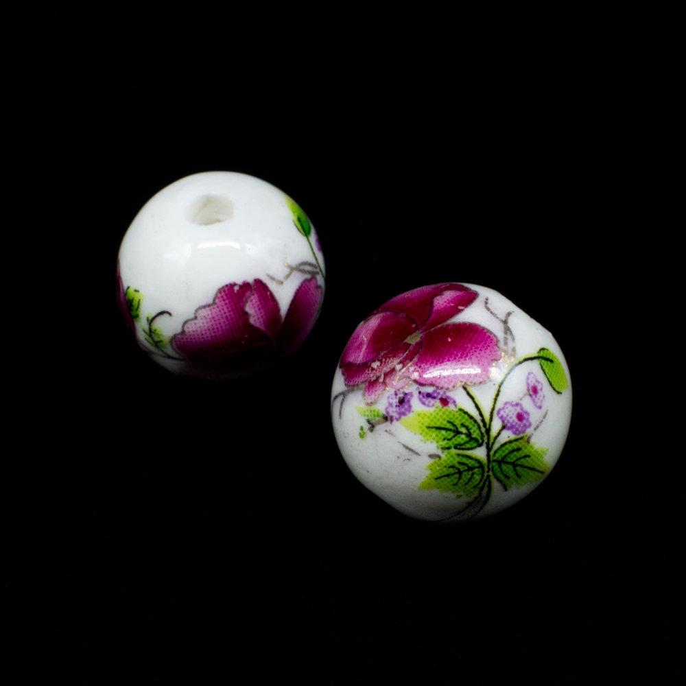 Porcelain Handmade 14mm Round Bead - Mauve Flower