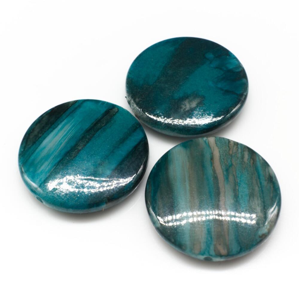 Acrylic Marble Beads Disc 25mm 8pcs - Teal
