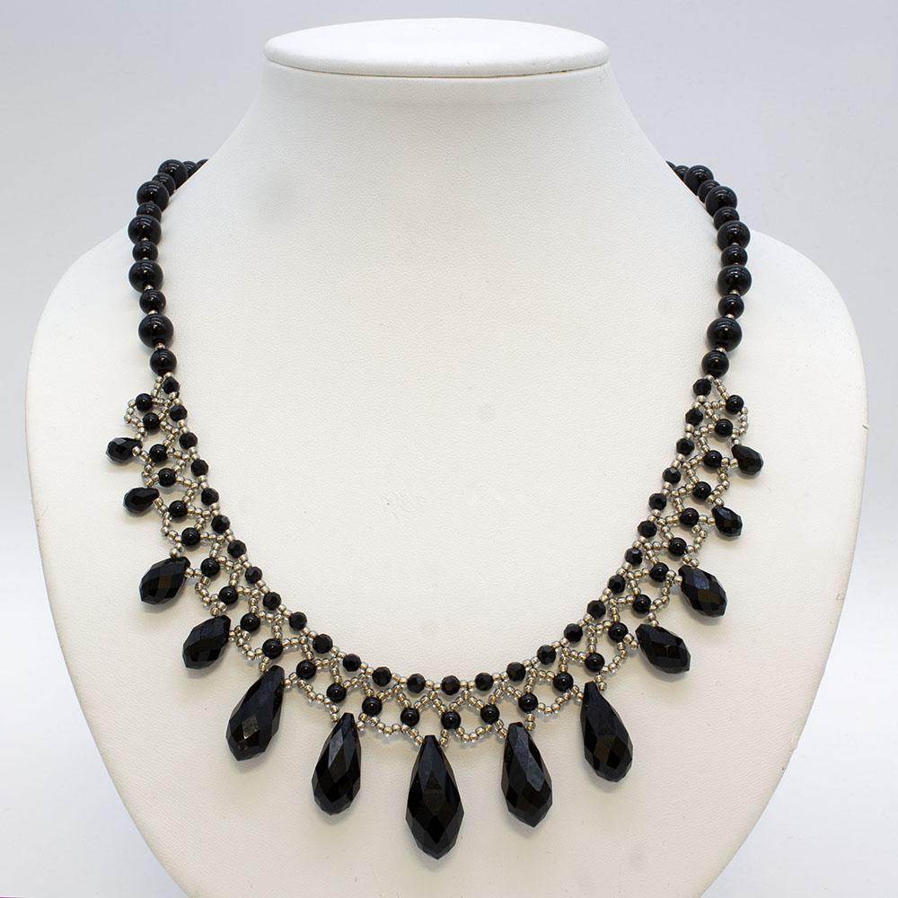 Crystal Drop Netted Necklace - Black