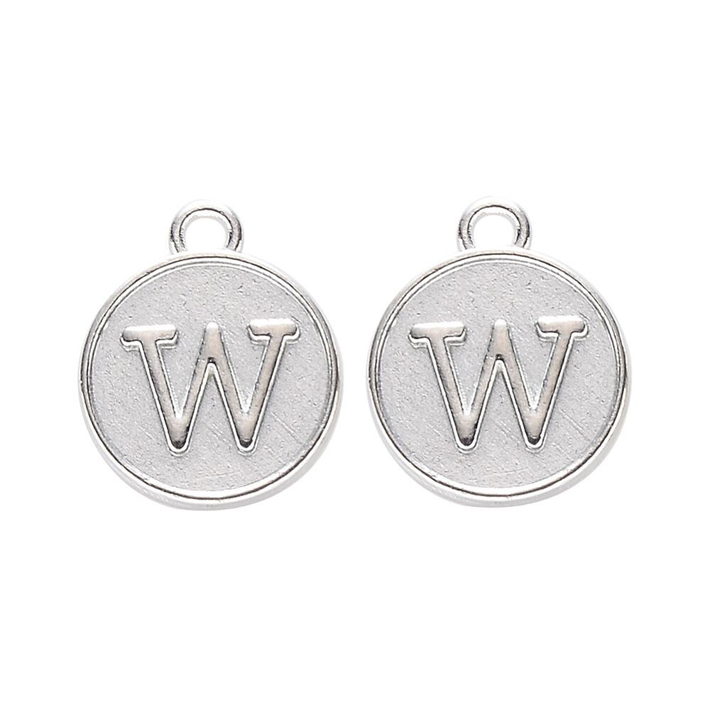 Disc Letter Charm Rhodium 12mm - W