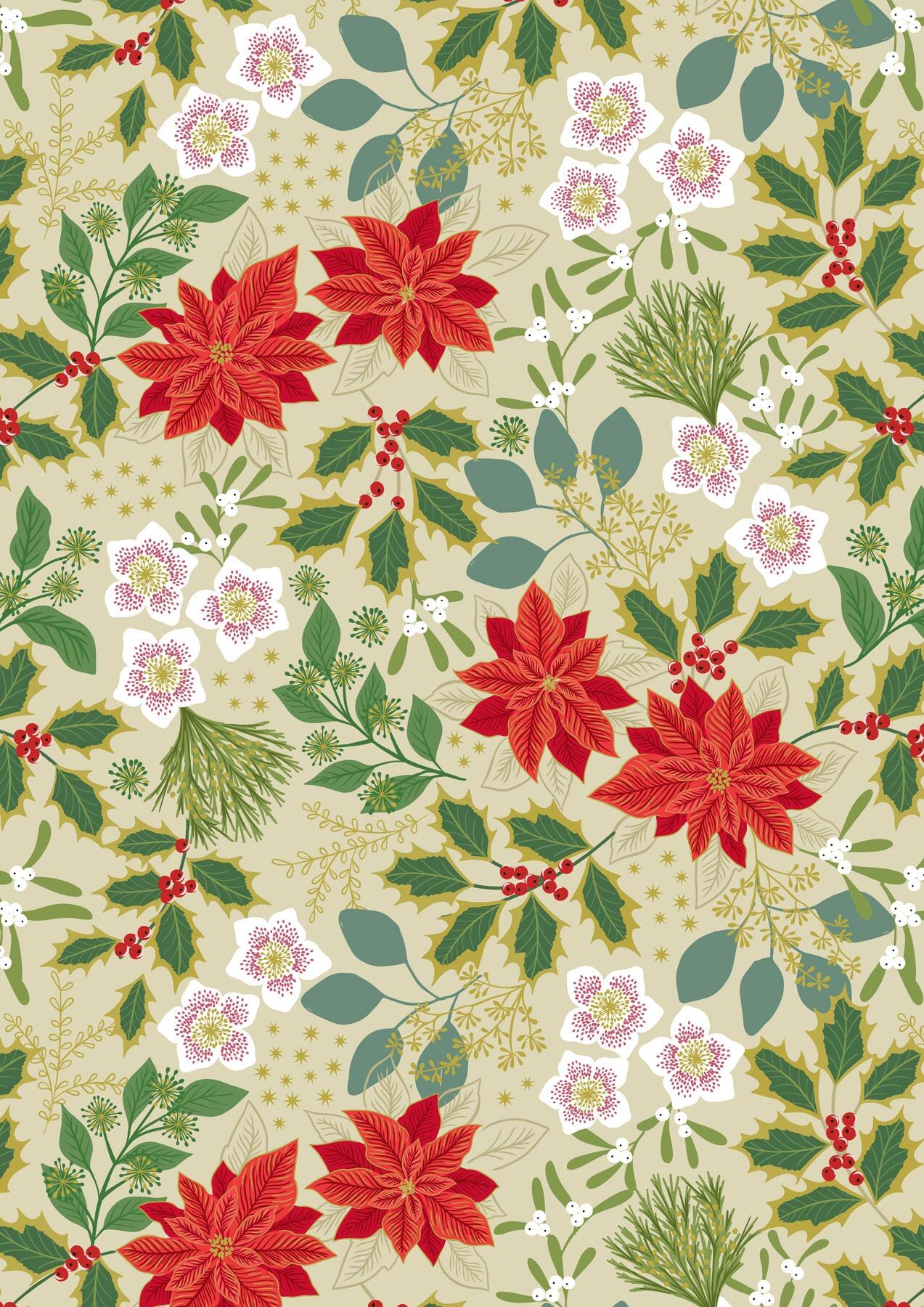Yuletide -Festive floral on cream with gold metallic - C104.1