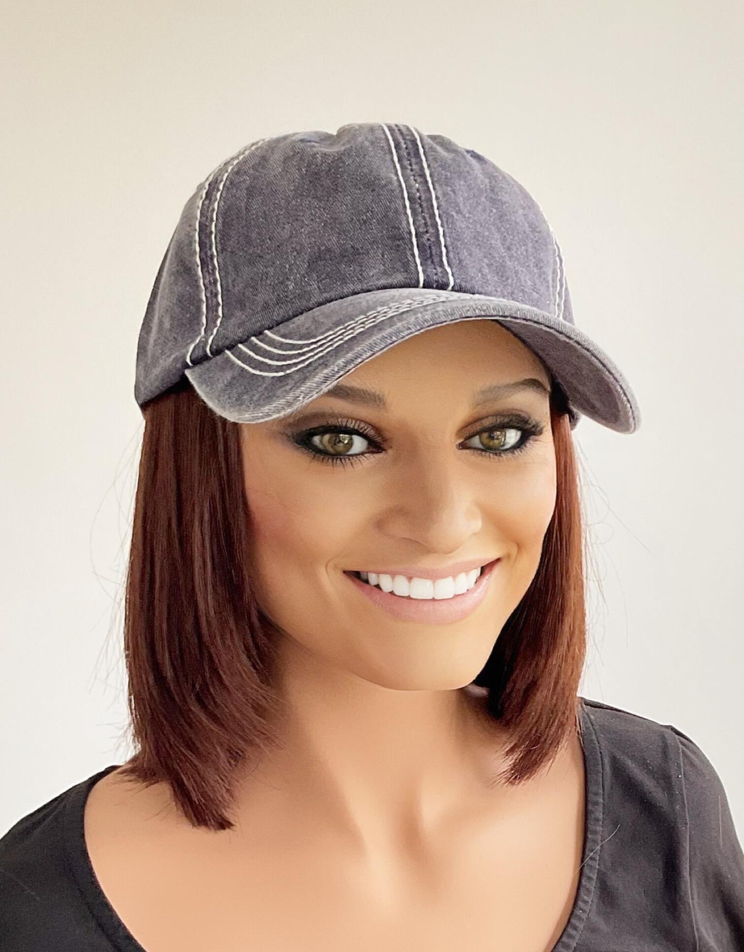 Washed denim Baseball Cap With bob Hair Attached