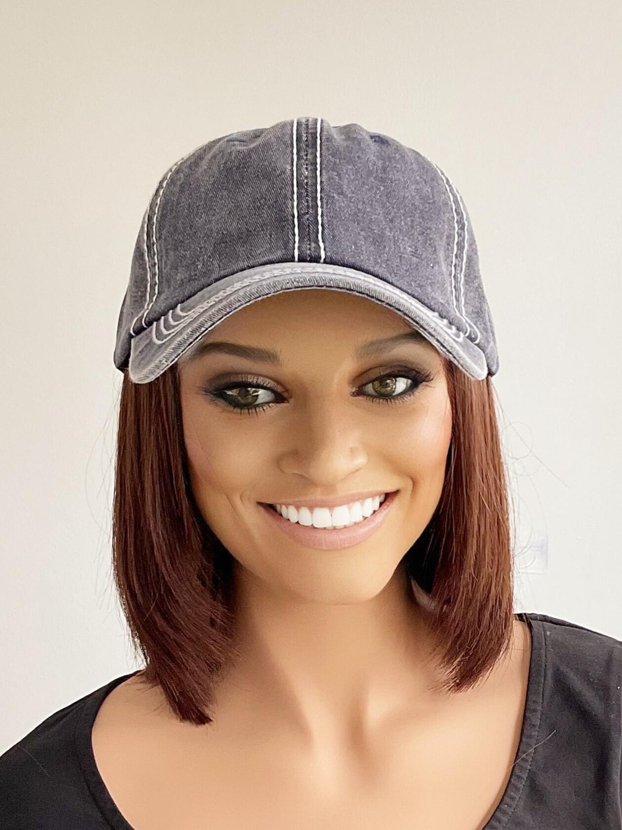 Washed denim Baseball Cap With bob Hair Attached