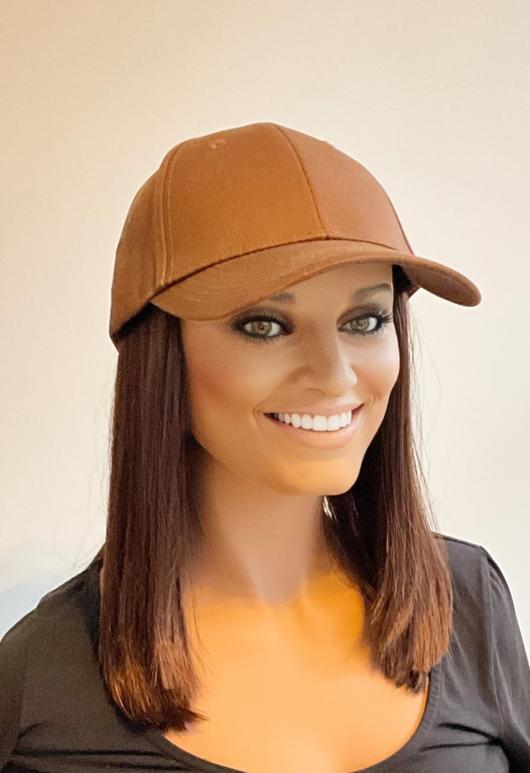 chocolate baseball cap with medium length hair