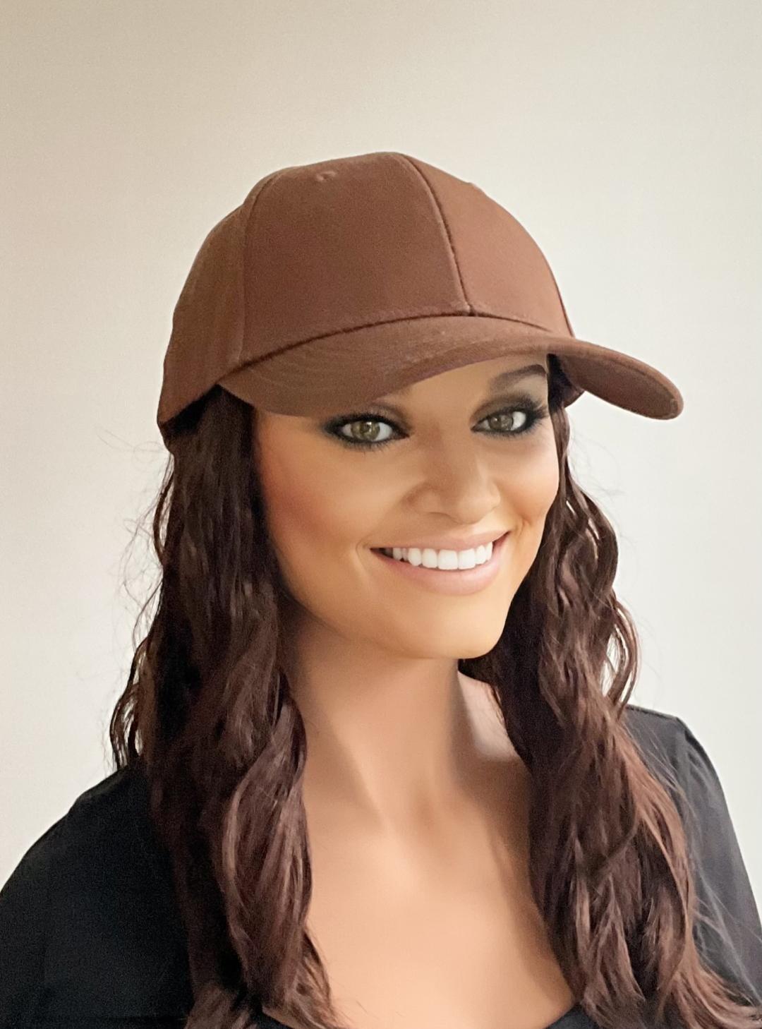 Chocolate baseball cap with long wavy hair