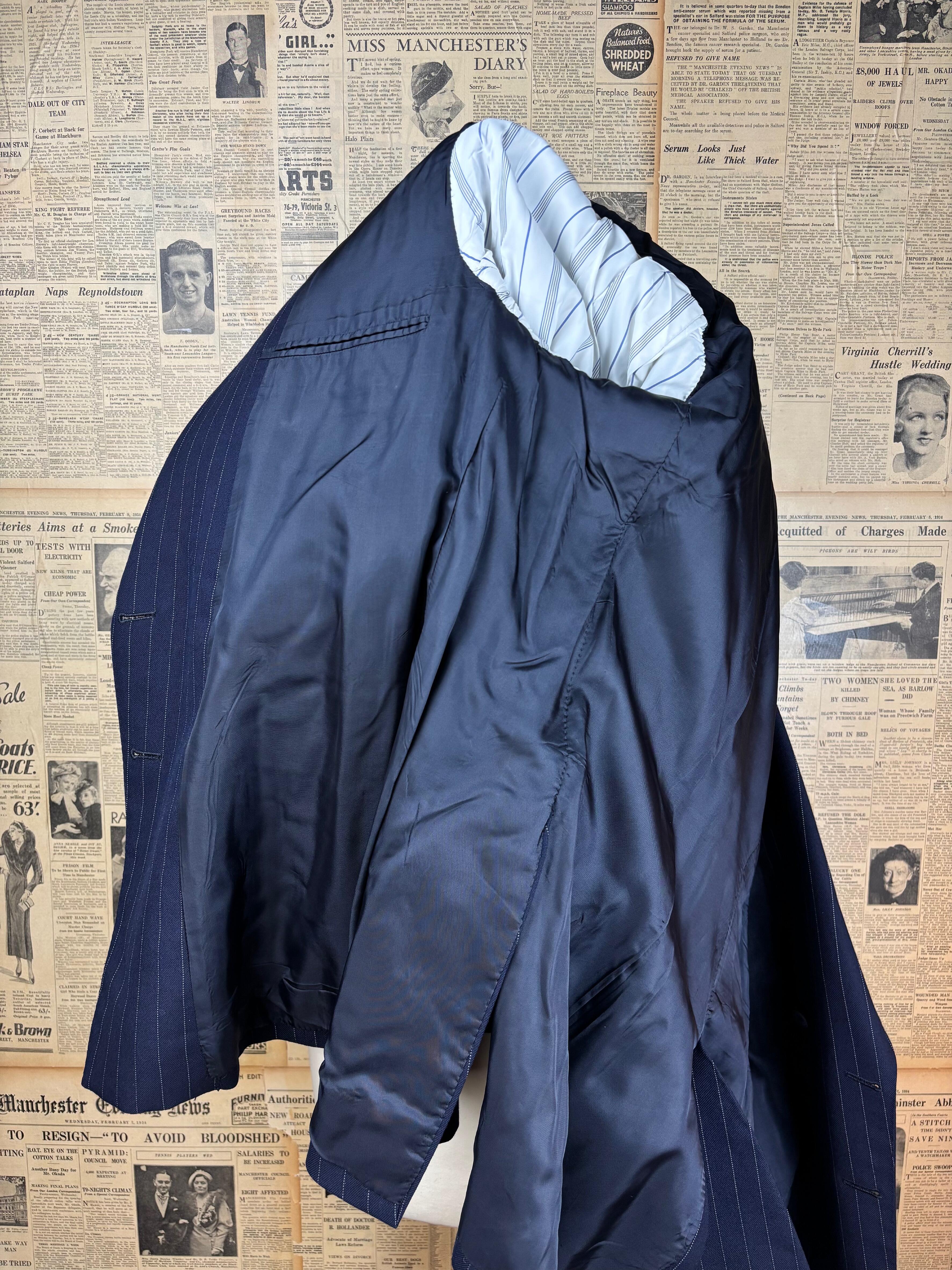 1993 Blue chalk stripe Henry Poole suit size 42 44