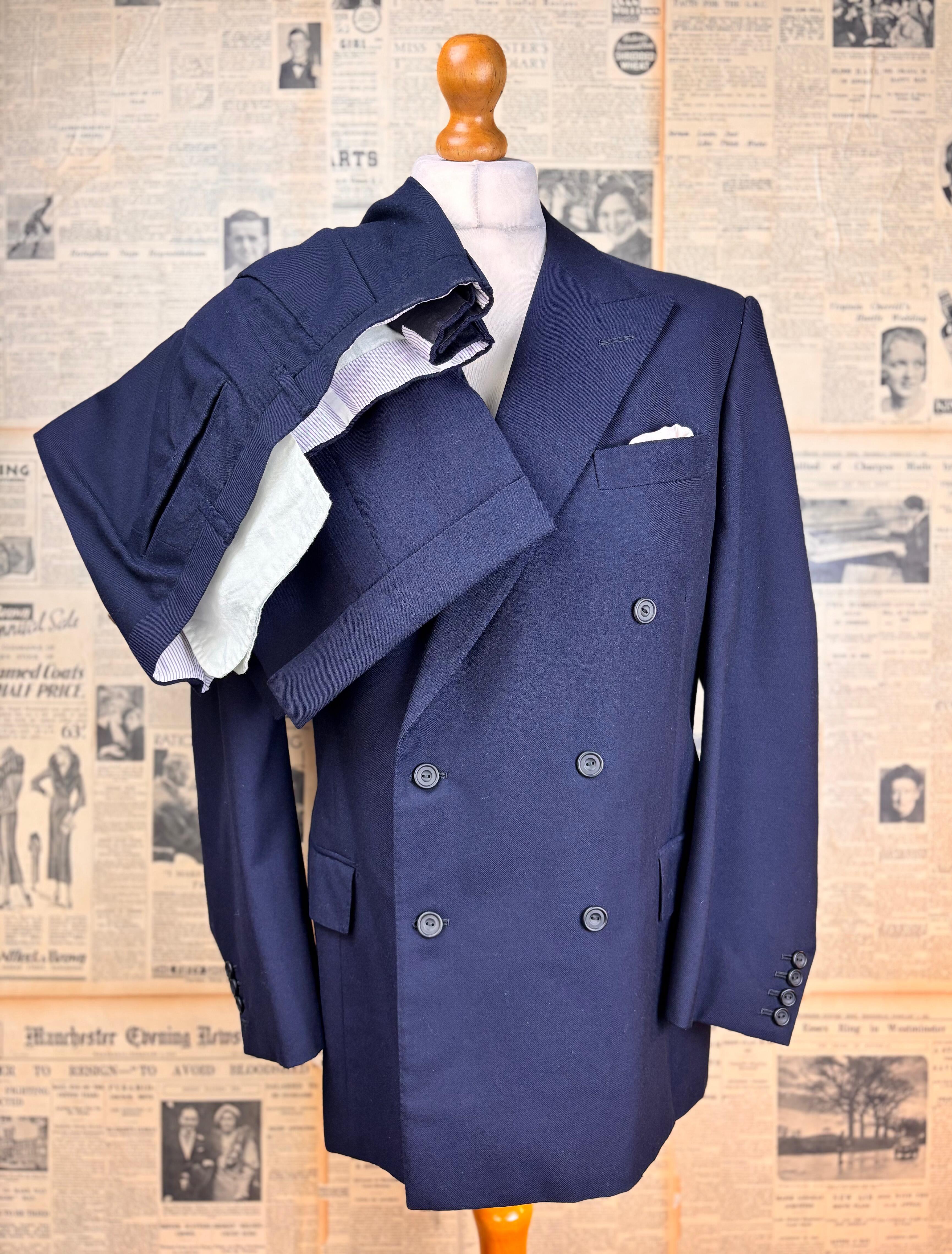 Huntsman navy blue double breasted suit size 44 reg