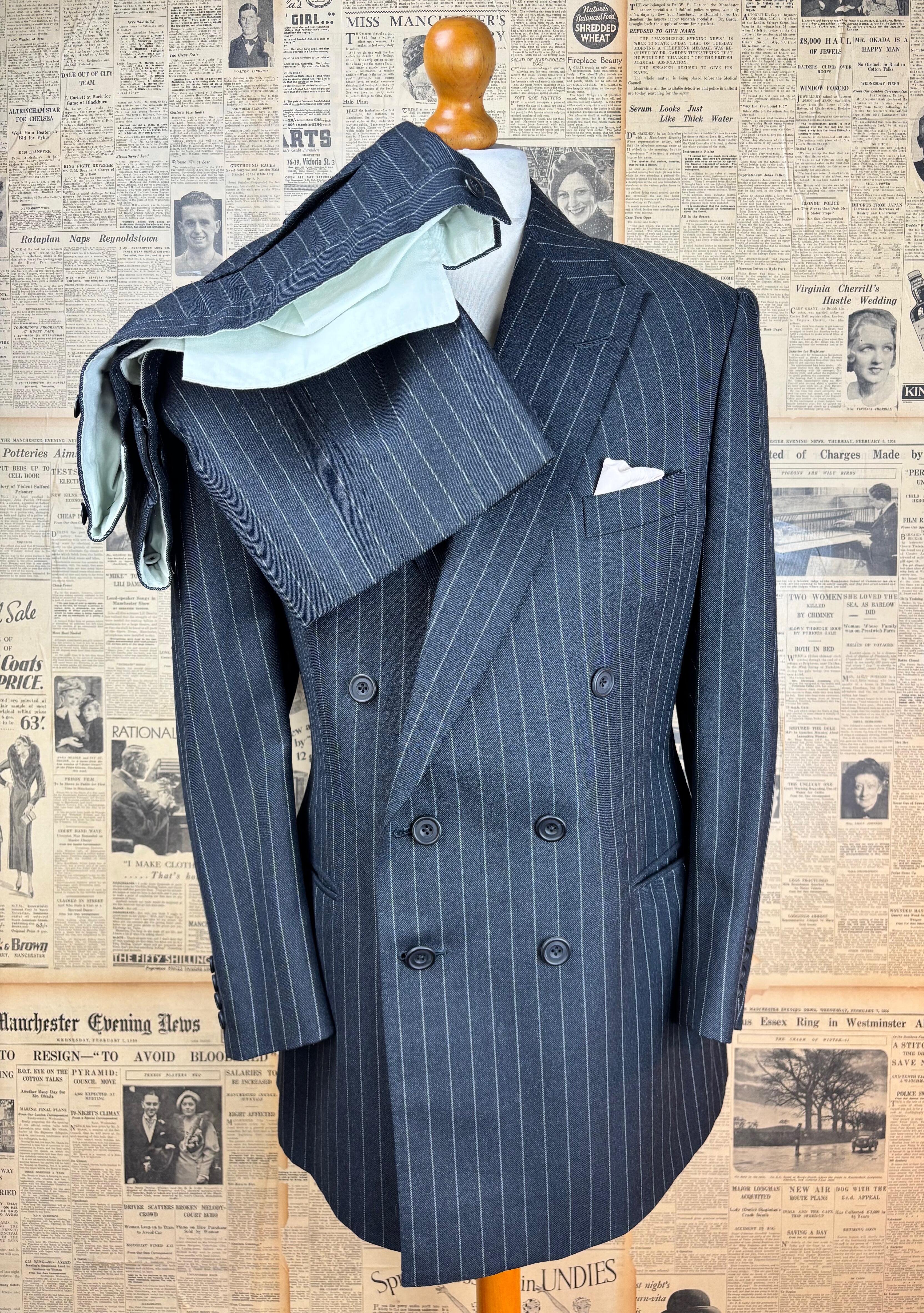 1986 Henry Poole grey chalk stripe double breasted suit size 44