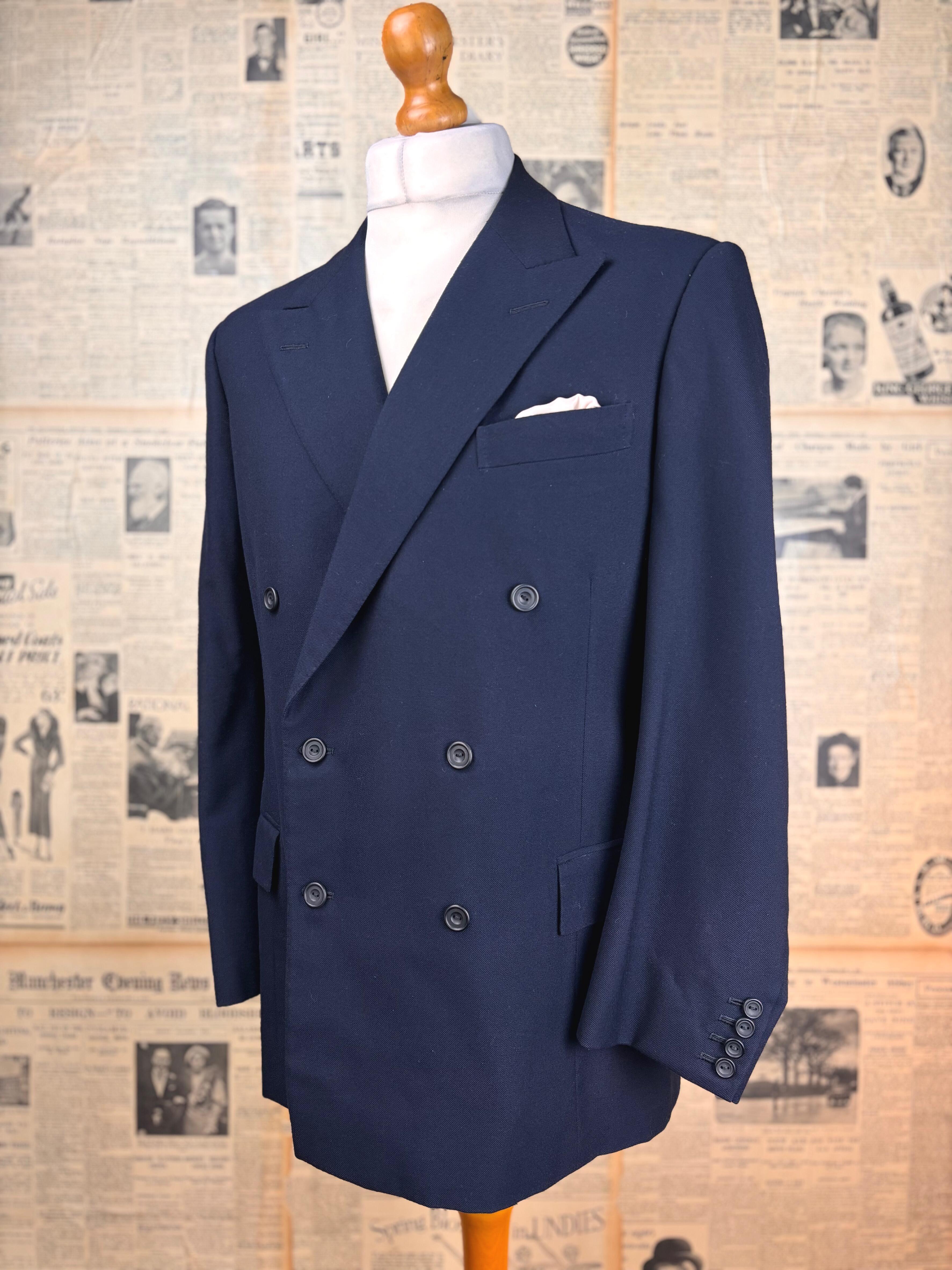 Huntsman navy blue double breasted suit size 44 reg