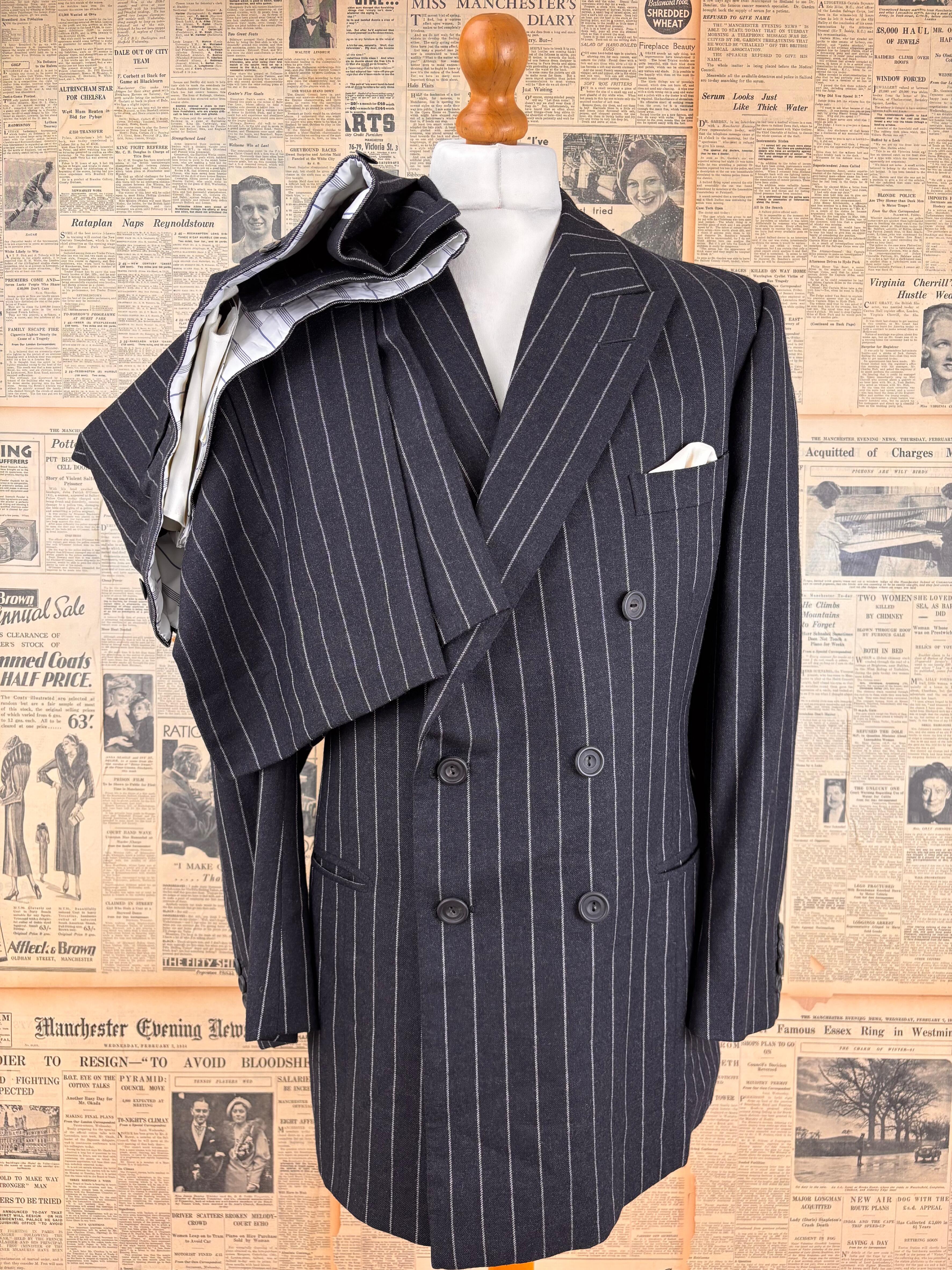 1997 Henry Poole chalk stripe double breasted suit size 44