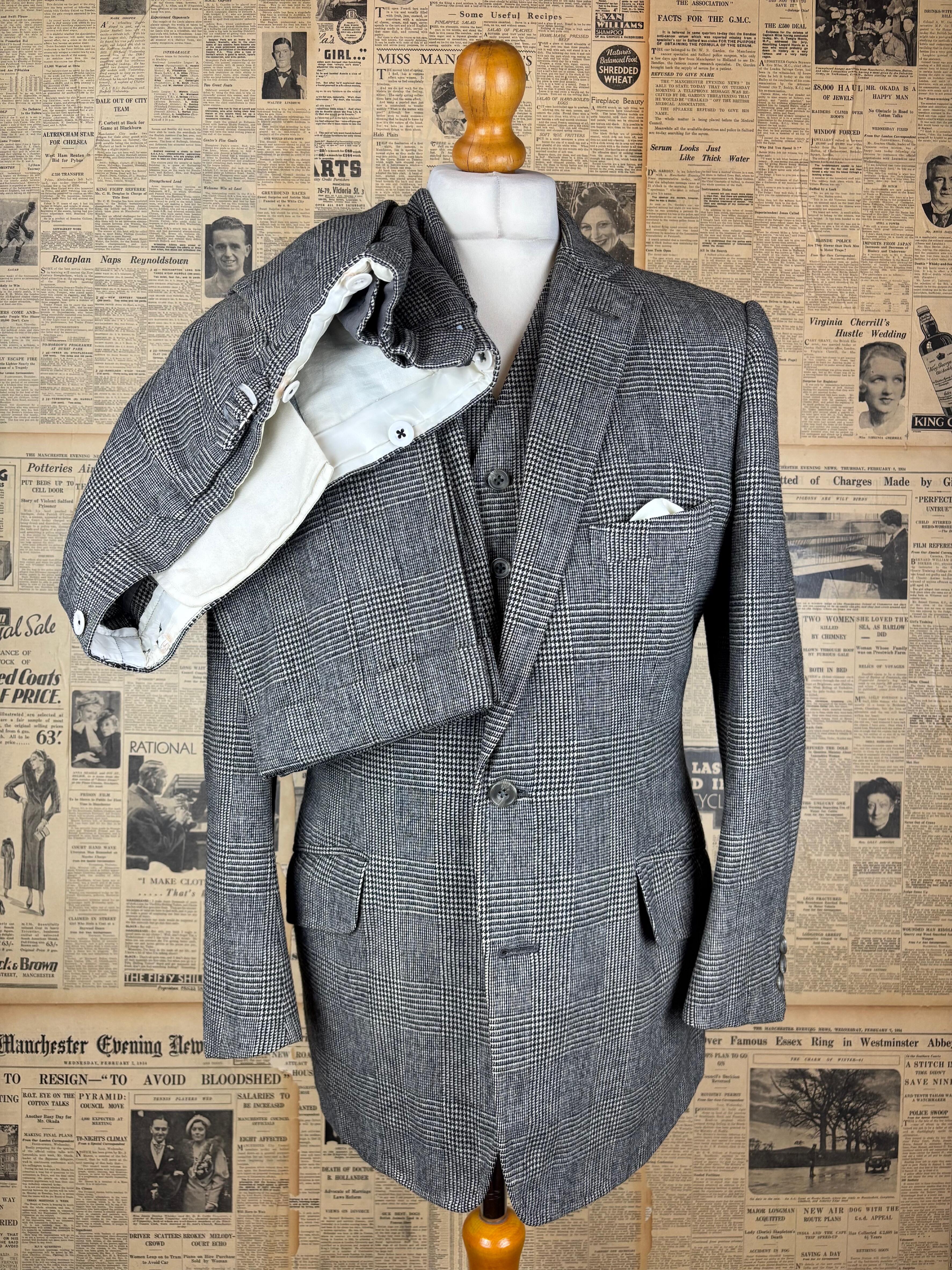 1950's three piece flannel Prince of Wales bespoke suit size 40 short