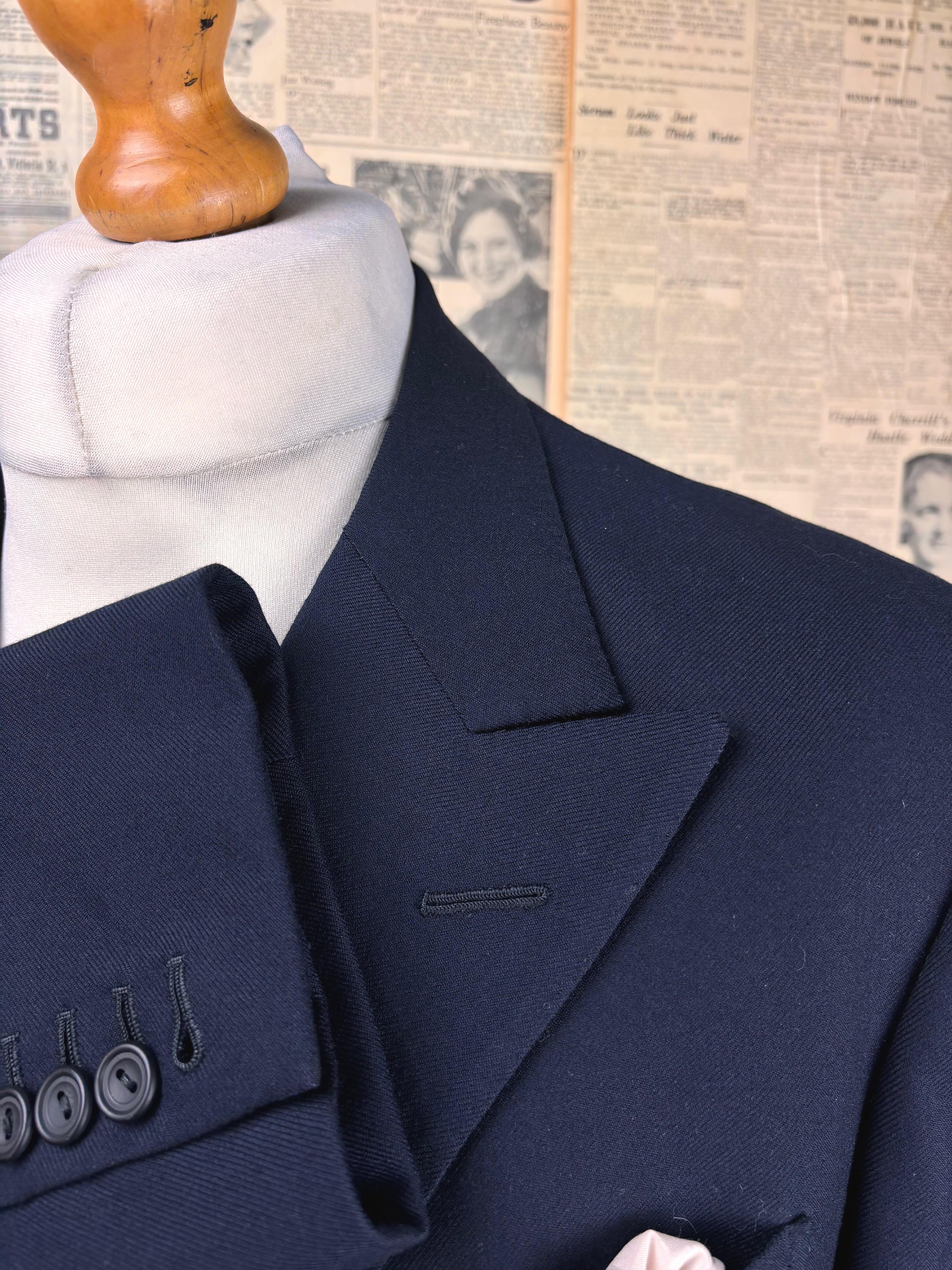 Huntsman navy blue double breasted suit size 44 reg