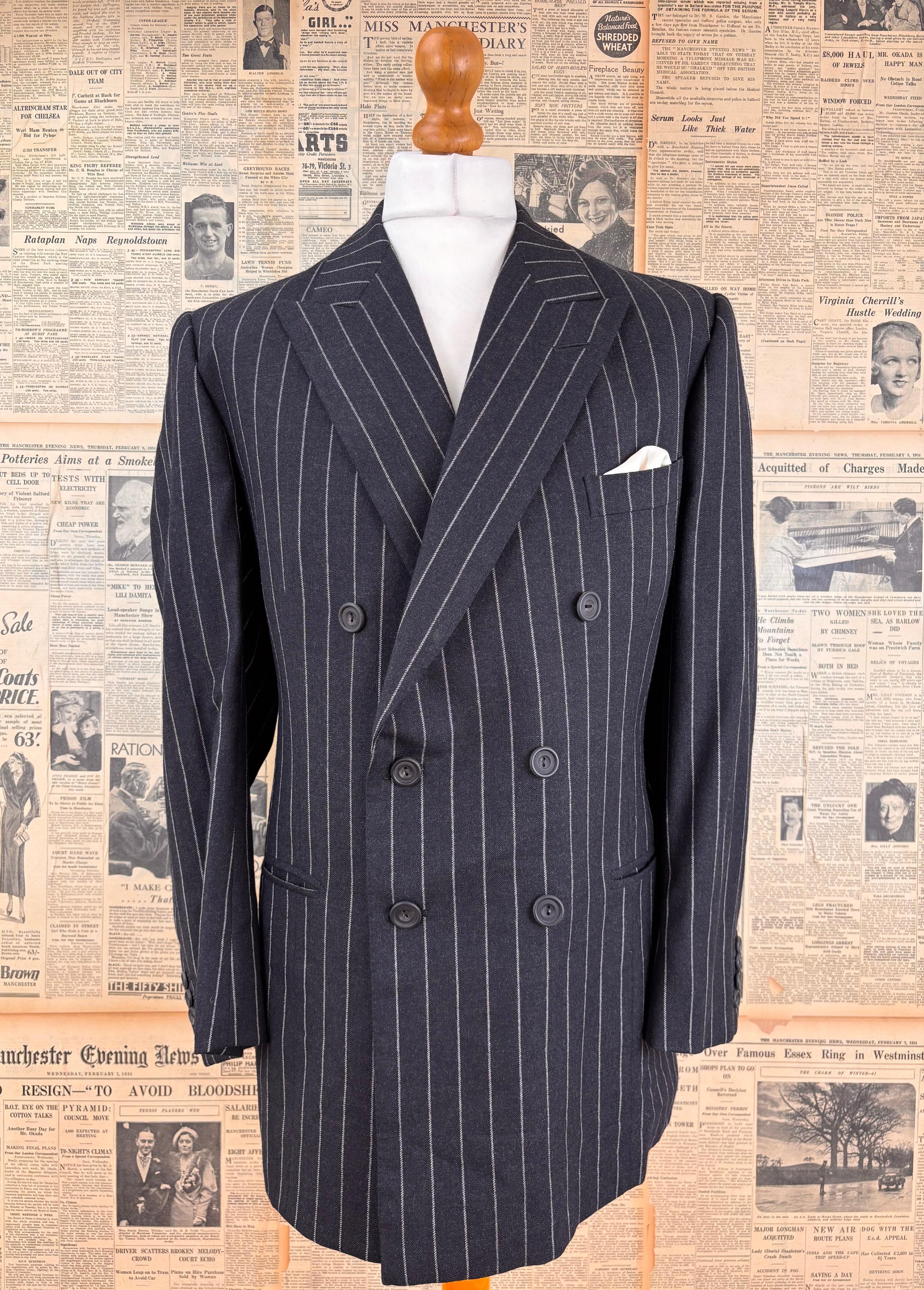 1997 Henry Poole chalk stripe double breasted suit size 44