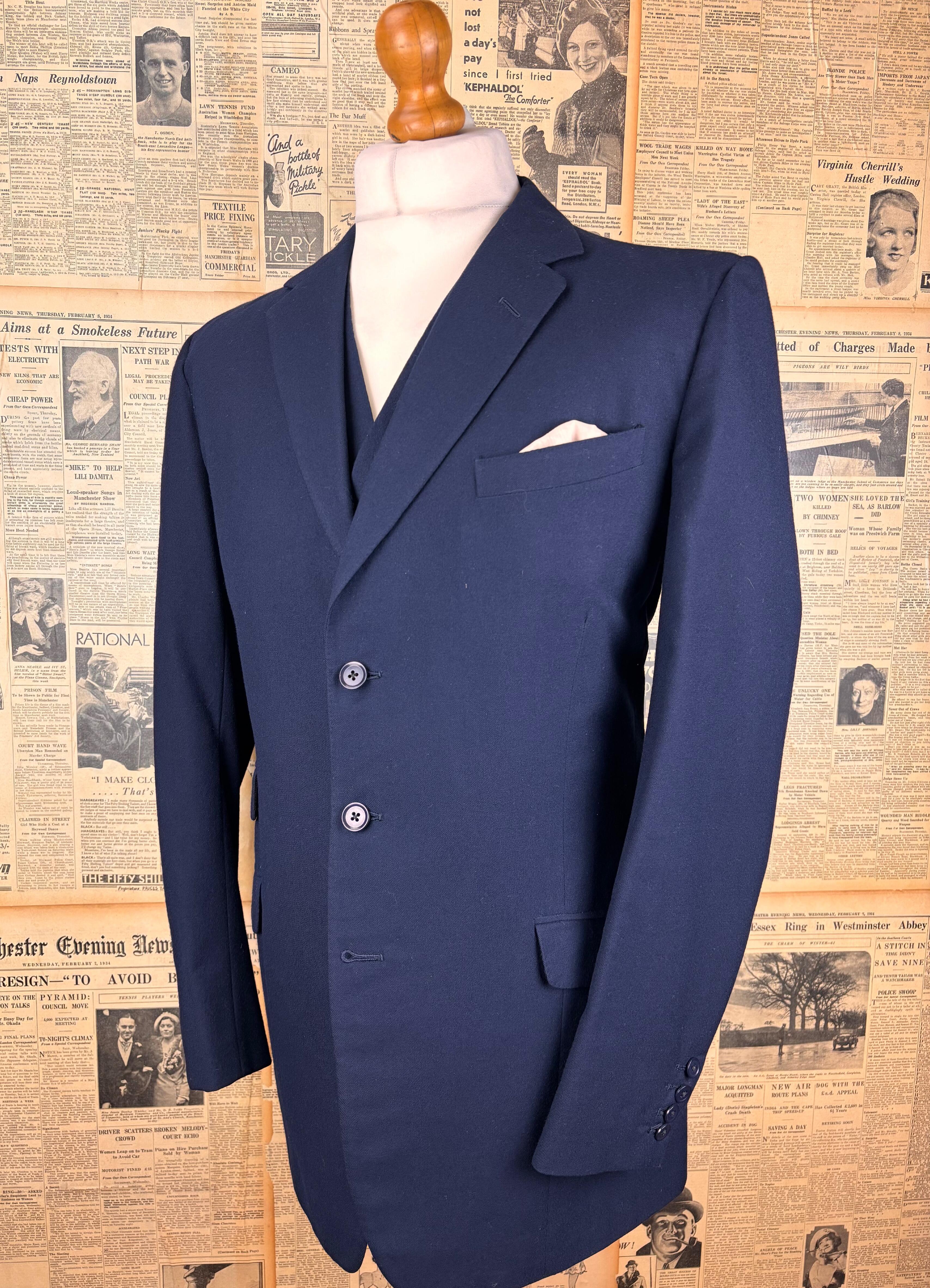1968 Conway Williams navy blue flannel three piece suit size 42 long