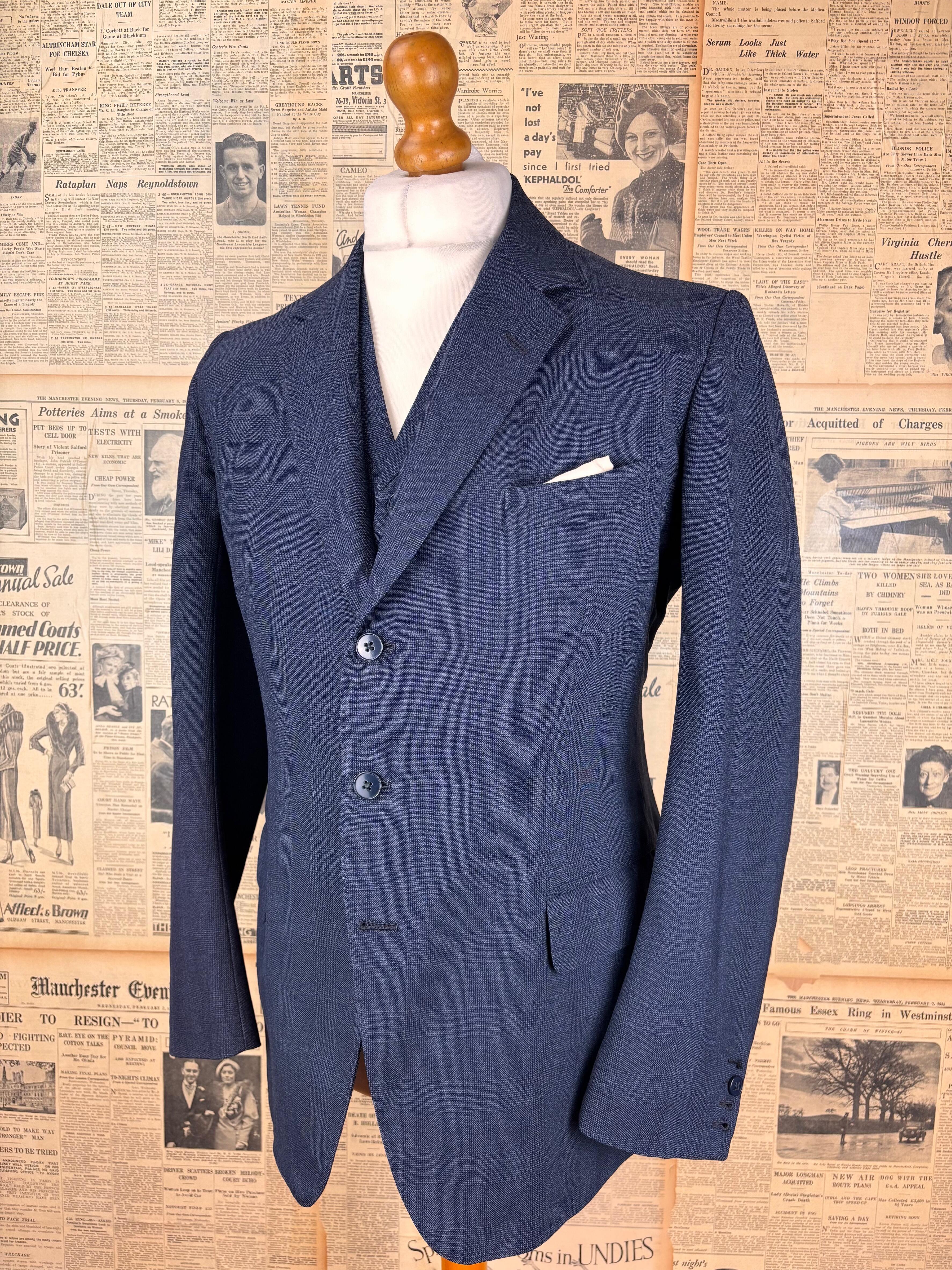 Meyer & Mortimer 3 piece Prince of Wales blue suit size 38 40