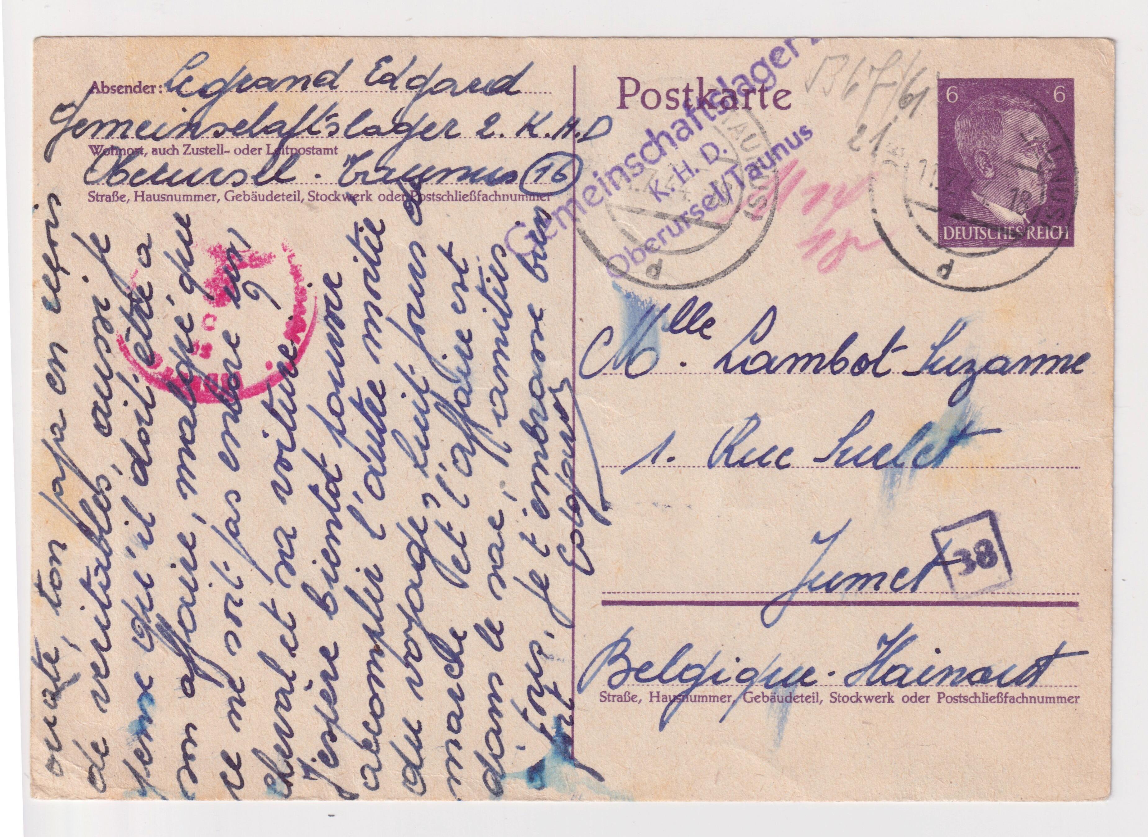 WW2 German Forced Labour Camp Oberursel (Taunus) Censored to Jumet ...