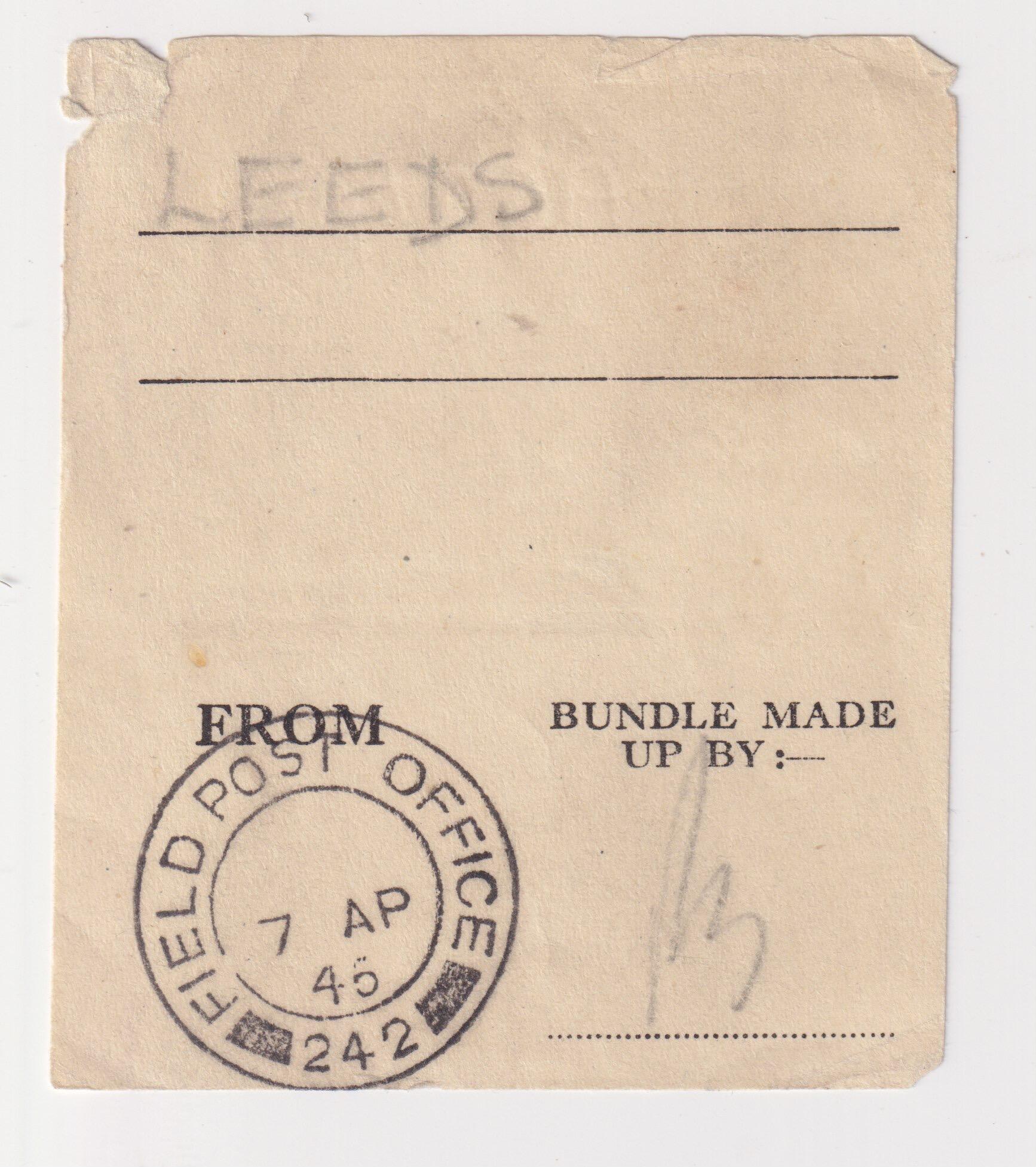 Scarce Field Post Office 242 BUNDLE LABEL 1945 20 LofC Postal Unit CMF ...