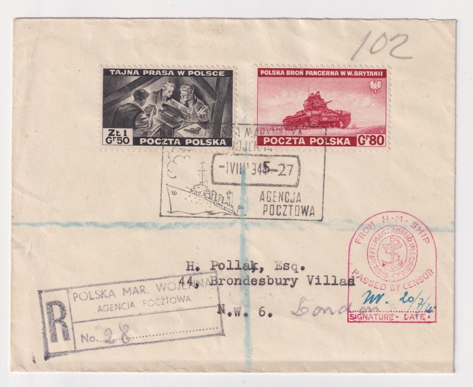 WW2 Polish Forces Registered Royal Navy Censored Cover 1944 - Tanks - Ships