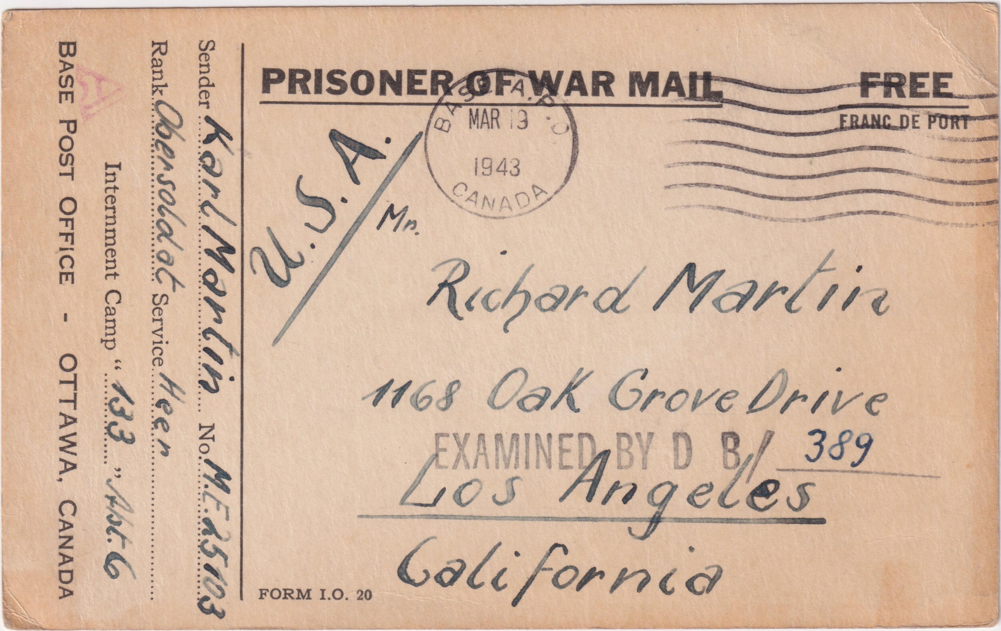 WW2 Canada POW Camp 133 Lethbridge Prisoner of War Card 1943 BASE APO ...