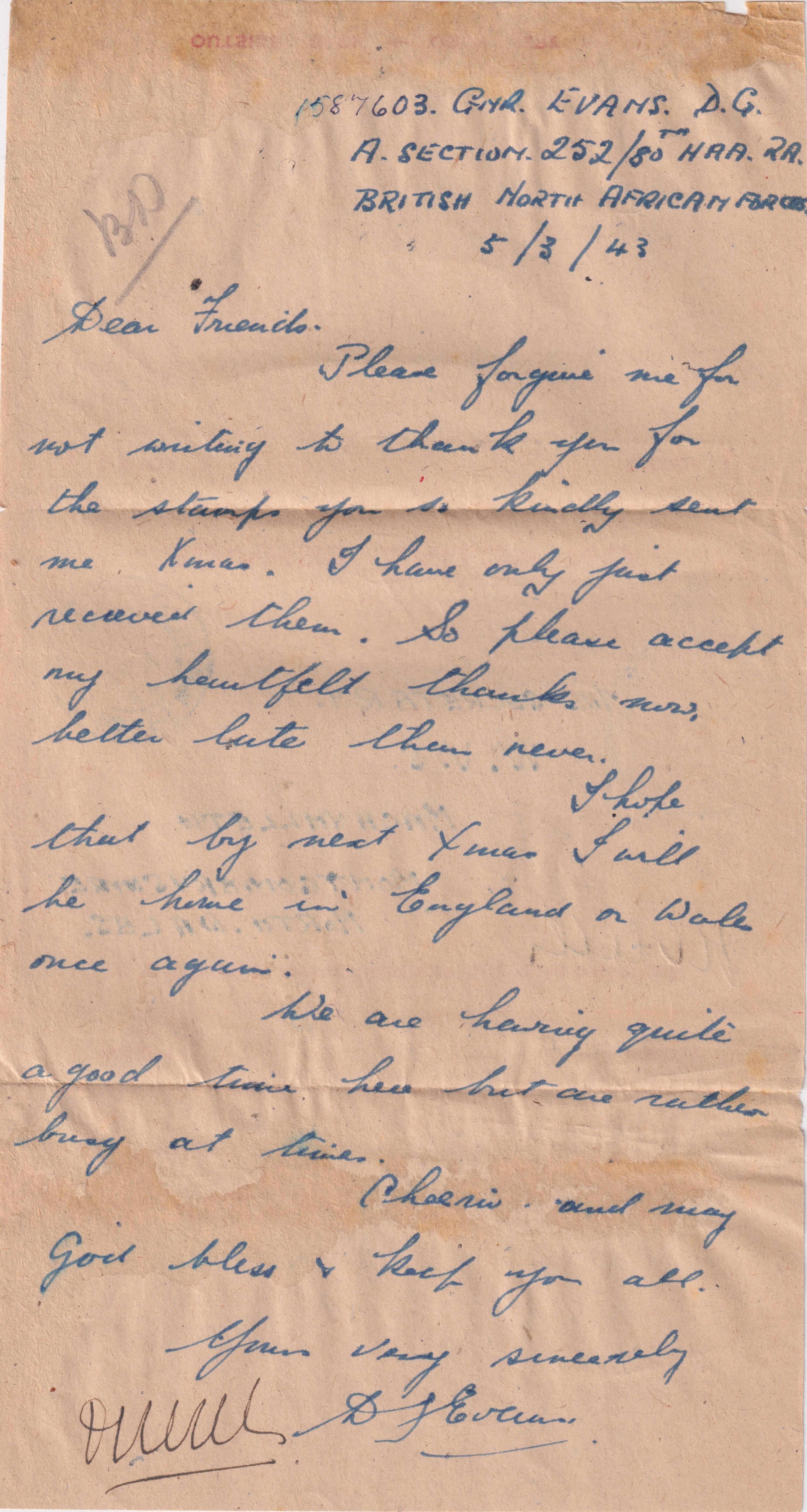 NAAFI - EFI WW2 OAS Letter Sheet North Africa 1943 V Corps to ...