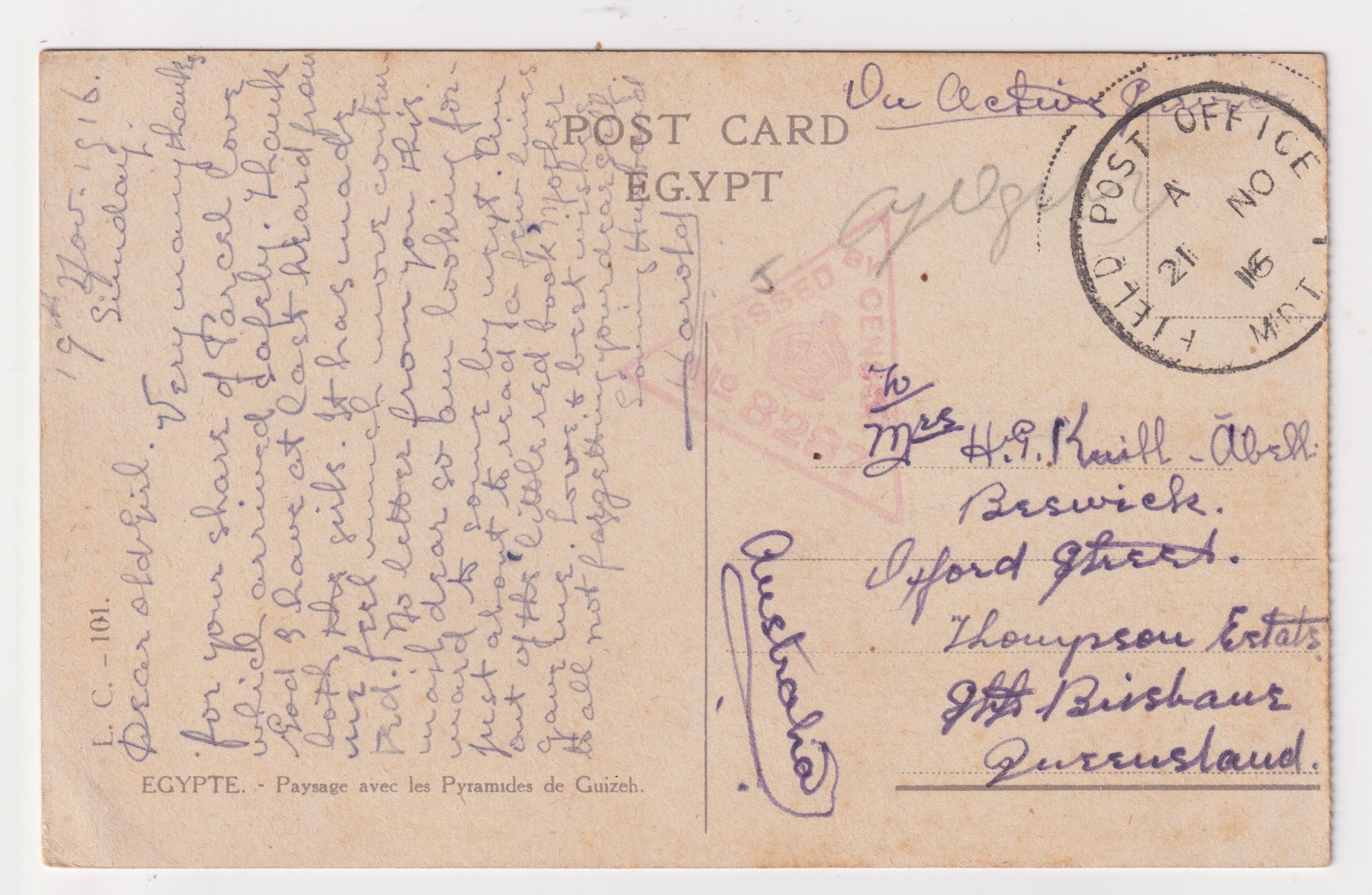 Rare WW1 Australian FPO MDT 1 1916 Kantara Egypt 1st Mounted Div Train Card