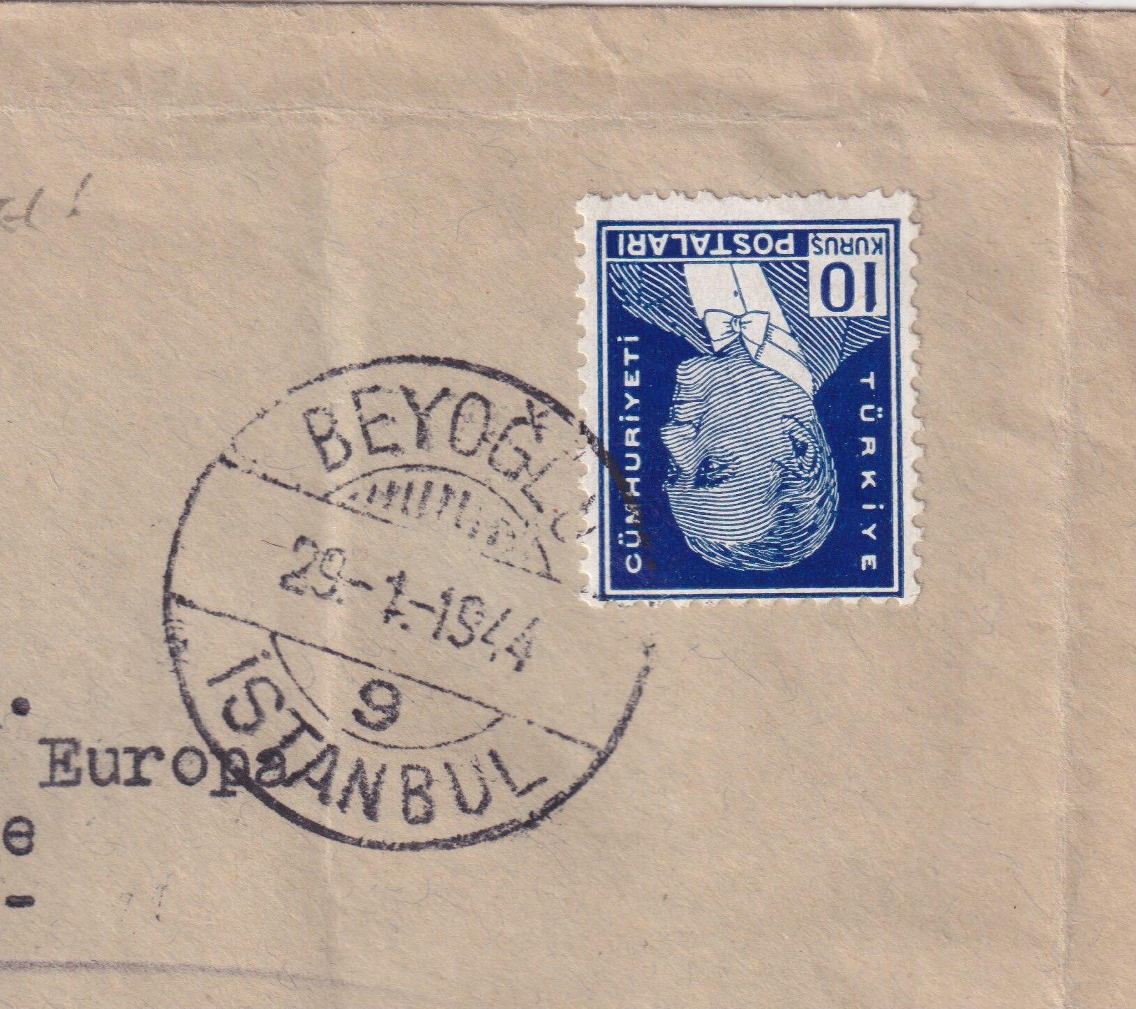 WW2 Cover ISTANBUL 1944 Cover to Tel Aviv Palestine PC90 Examiner KK/31138