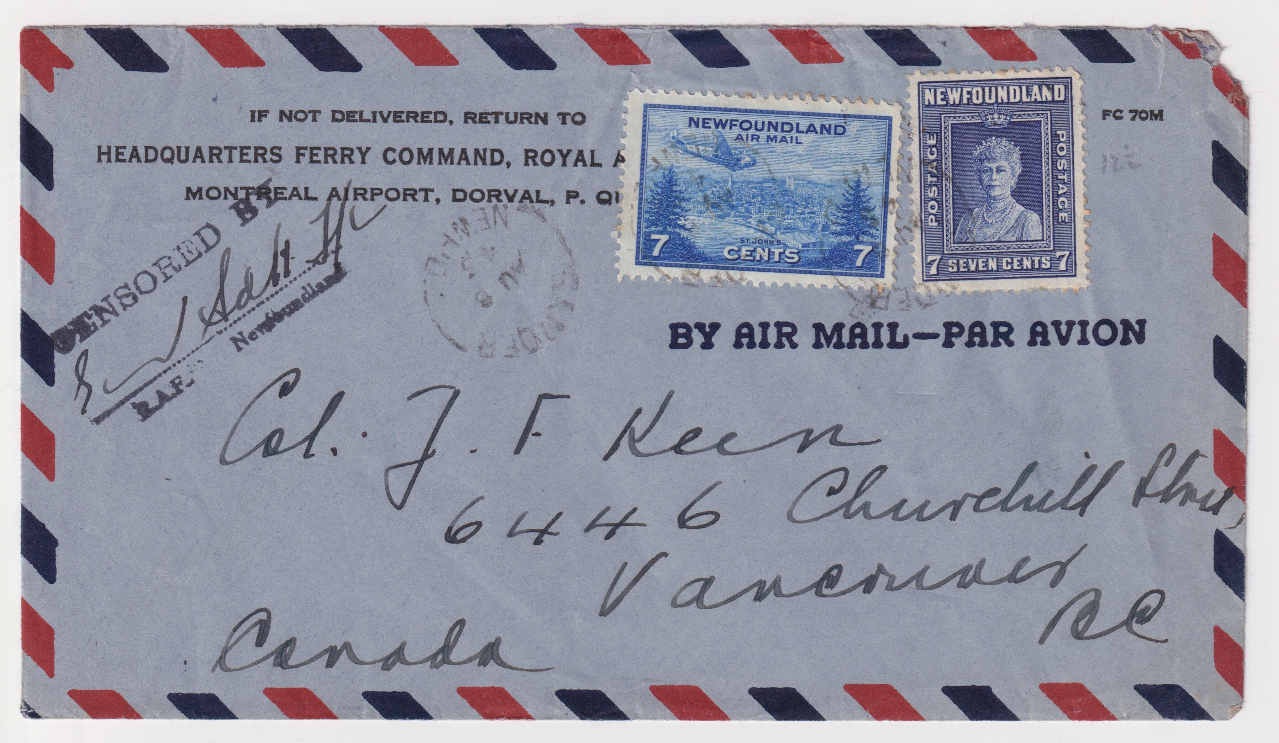 WW2 HQ RAF FERRY COMMAND ROYAL AIR FORCE Montreal Airport CENSORED ...