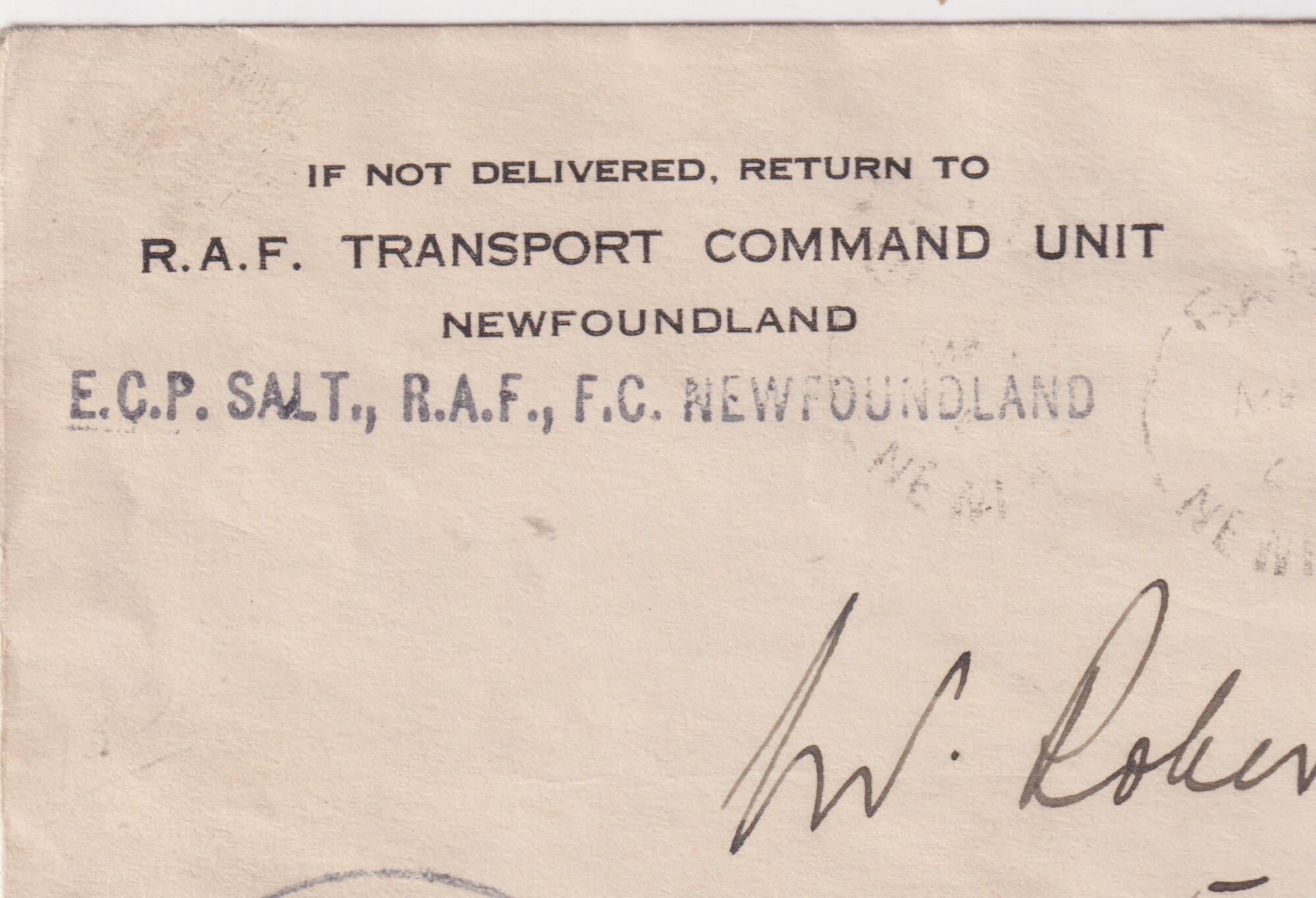 RAF Transport Command Newfoundland FPHS R30/1 1944 Cover CENSORED BY ...