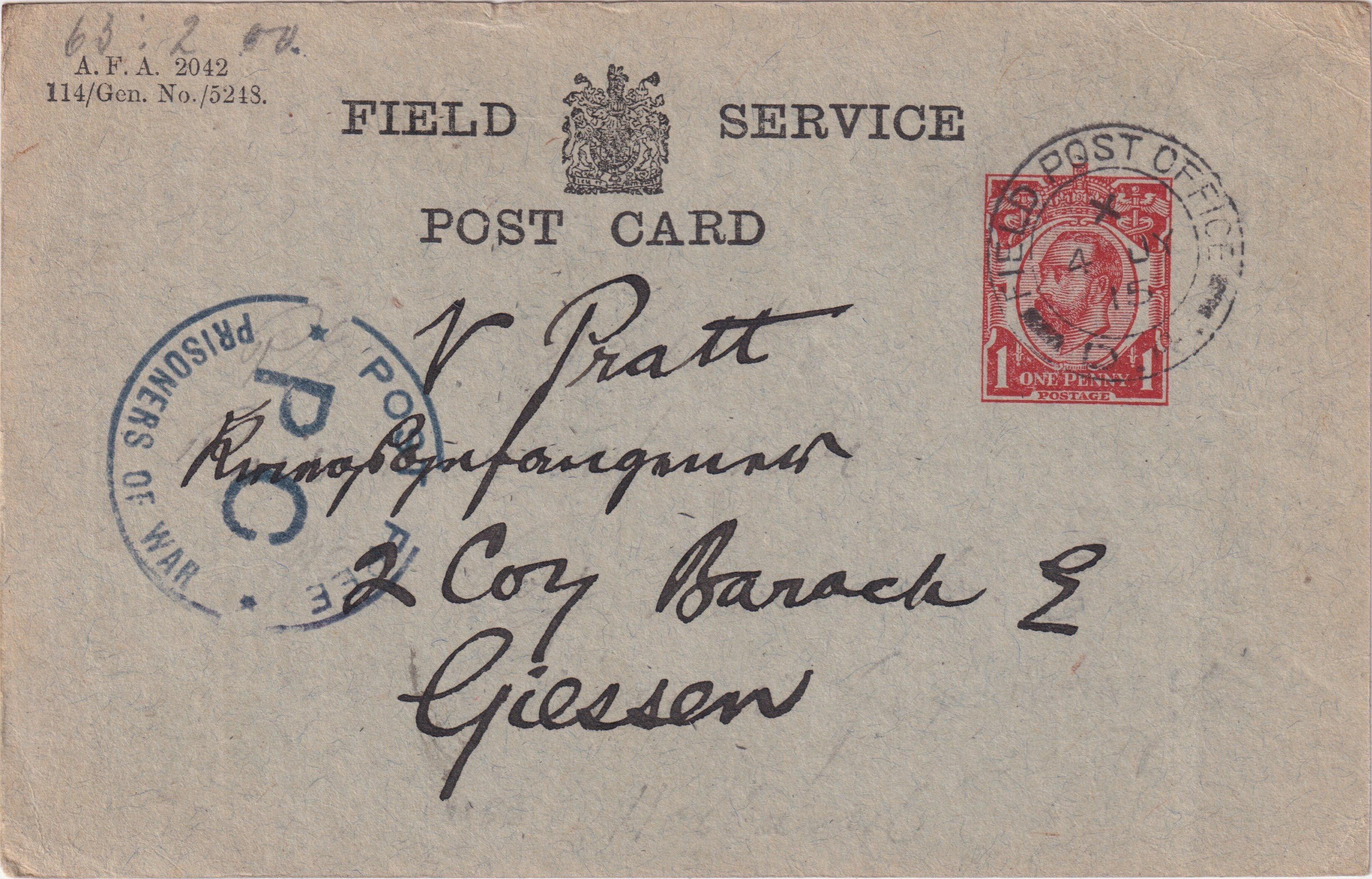 WW1 Field Service Card FPO D.4 France 1915 to British POW Giessen Germany