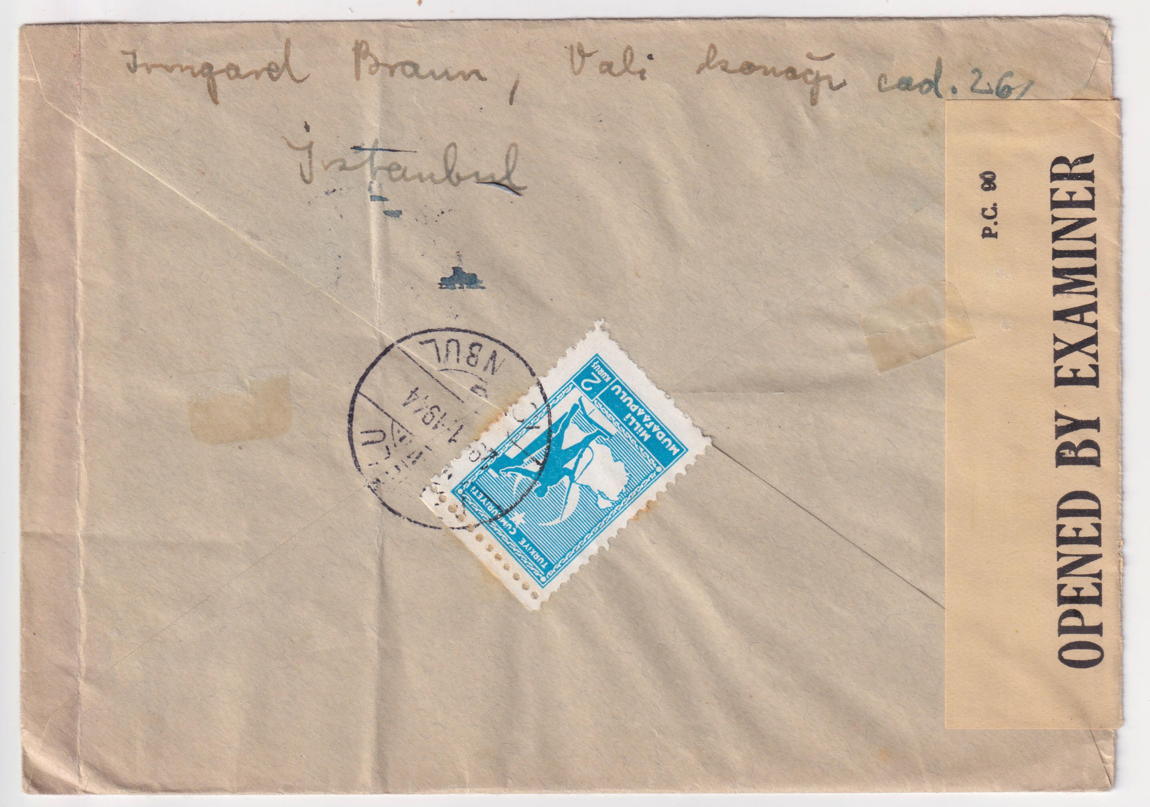 WW2 Cover ISTANBUL 1944 Cover to Tel Aviv Palestine PC90 Examiner KK/31138