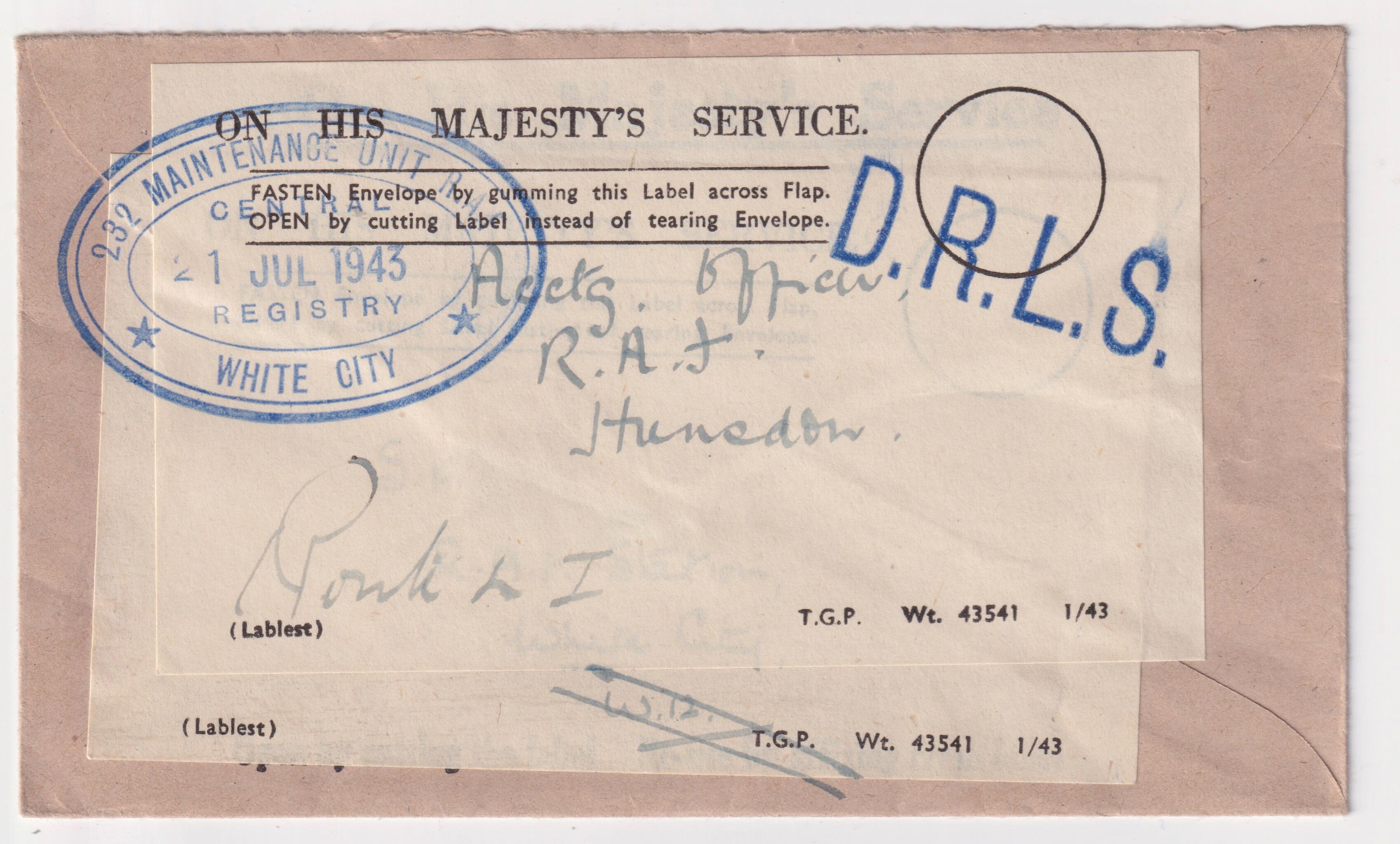 WW2 DESPATCH RIDER LETTER SERVICE Cover 1943 232 M.U White City to RAF ...
