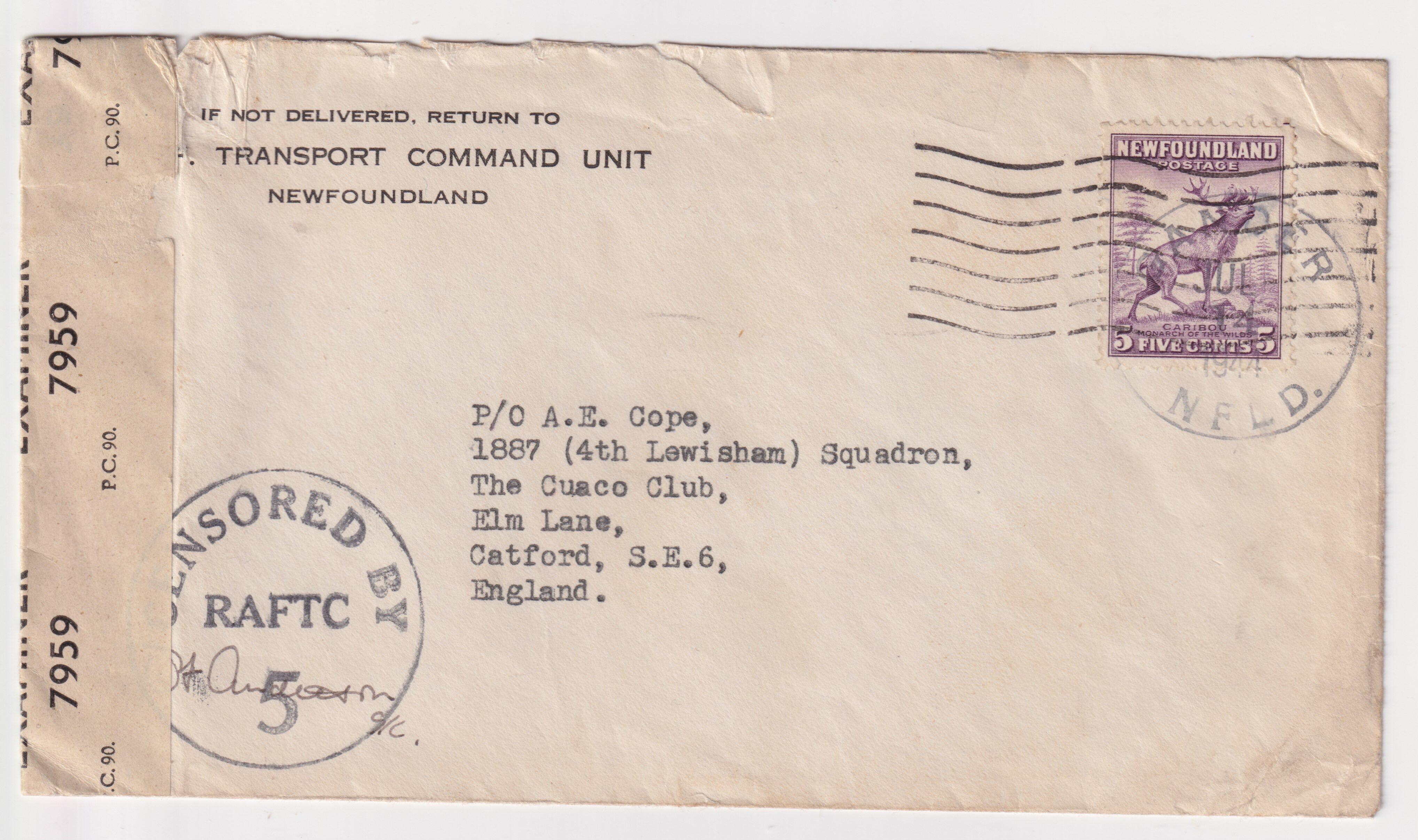 RAF Transport Command Newfoundland FPHS R30/5 1944 Cover CENSORED BY ...