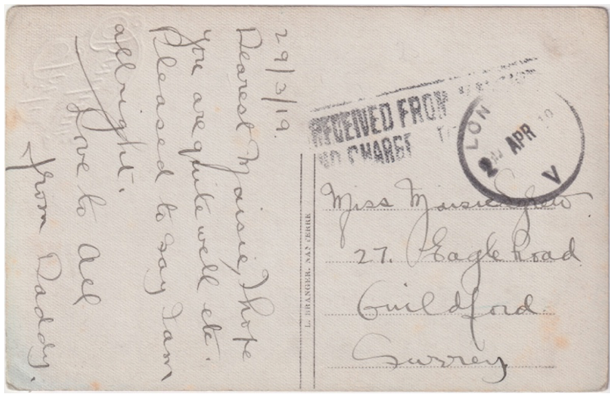 LONDON V Cancellation WW1 H.M. Ship Royal Navy Postcard to Guildford