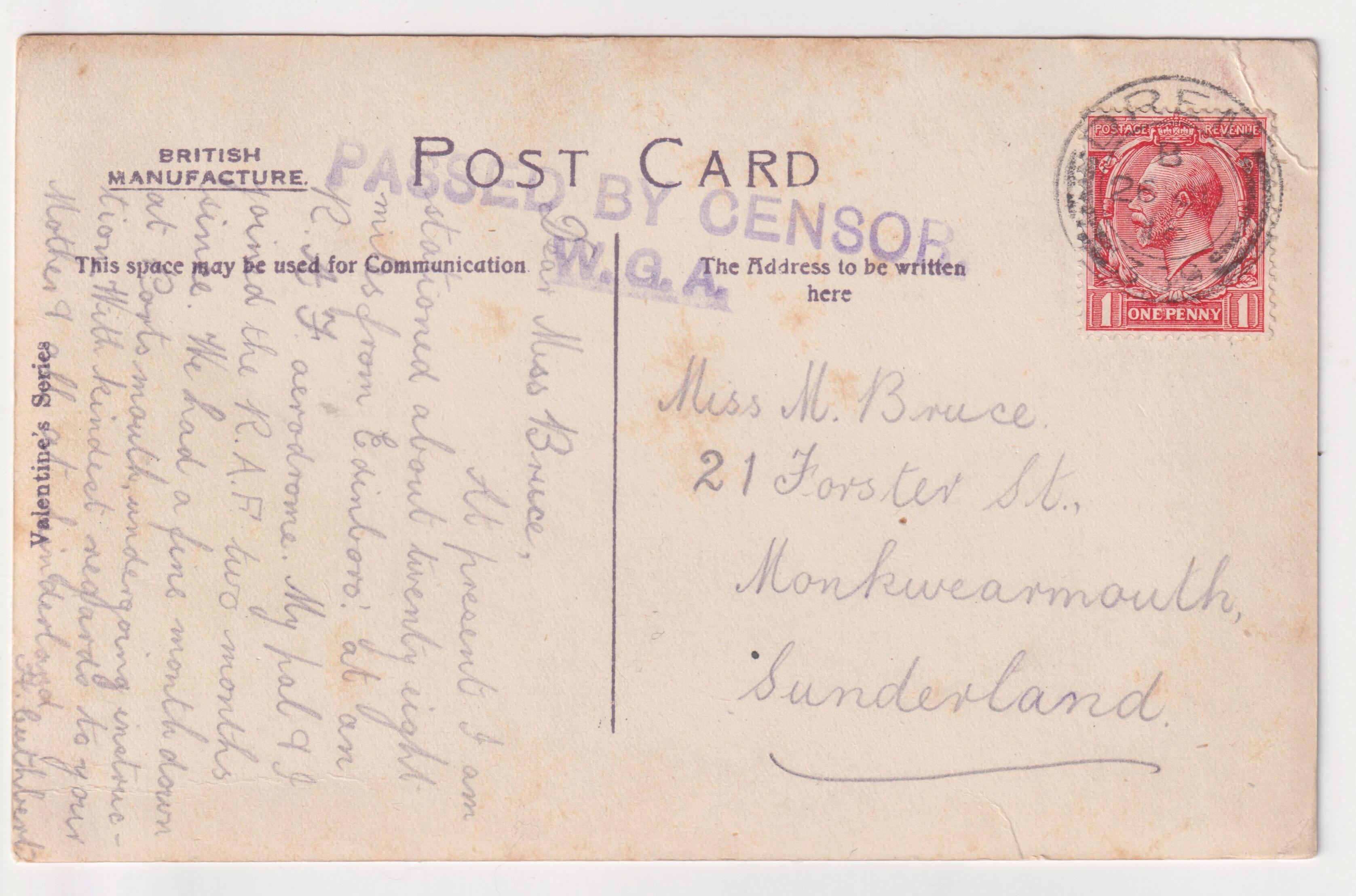 WW1 PASSED BY CENSOR W.G.A Edinburgh Postcard 1918 RAF Station DREM ...