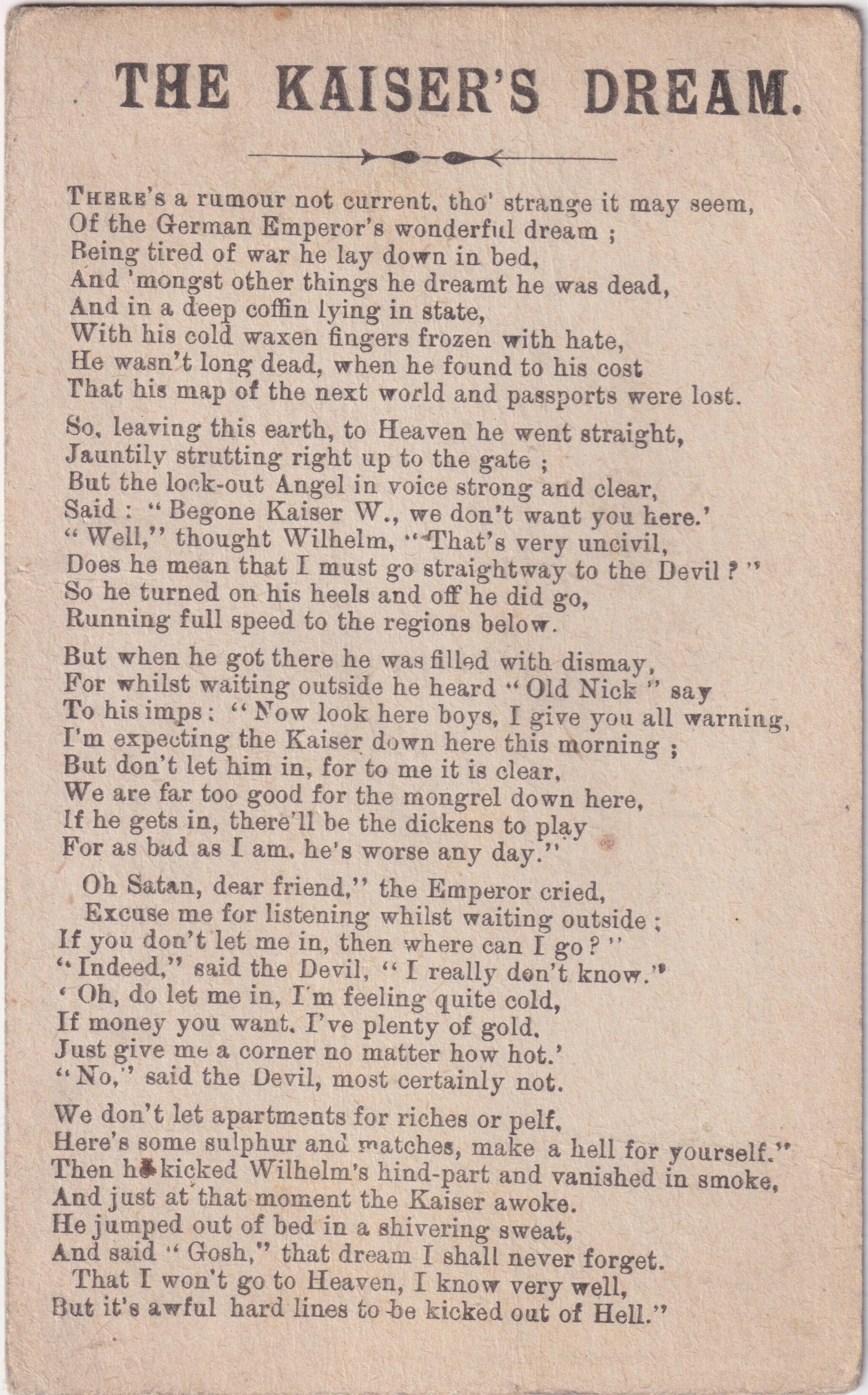 WW1 'THE KAISER'S DREAM' Satirical - Patriotic Poetry Card Unused