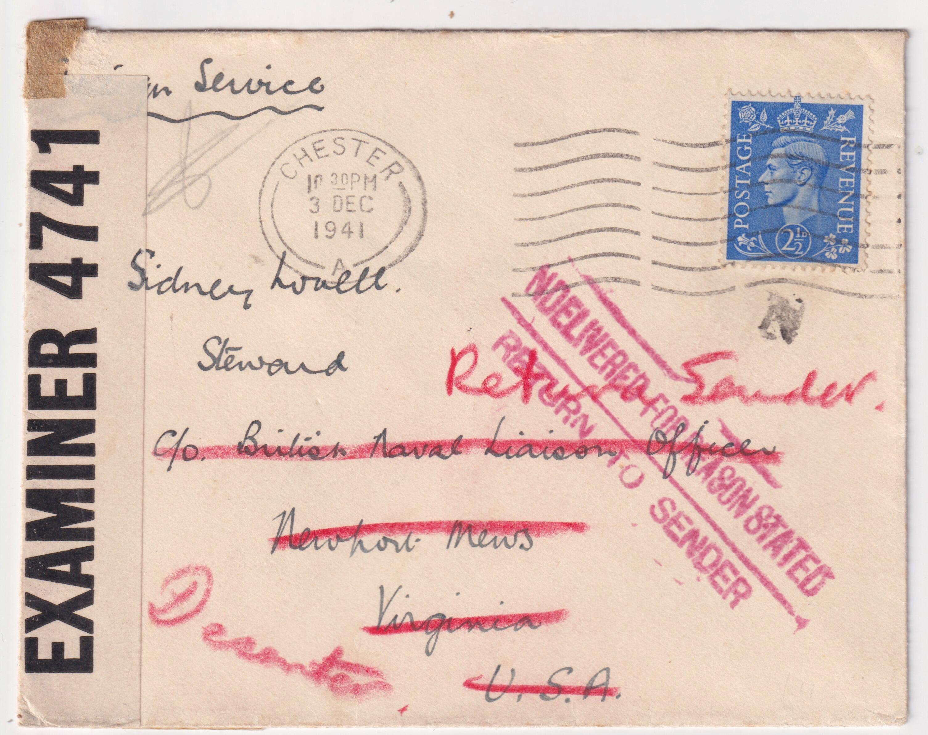 WW2 Chester Cover to RN Liaison Officer Virginia Returned to Sender ...