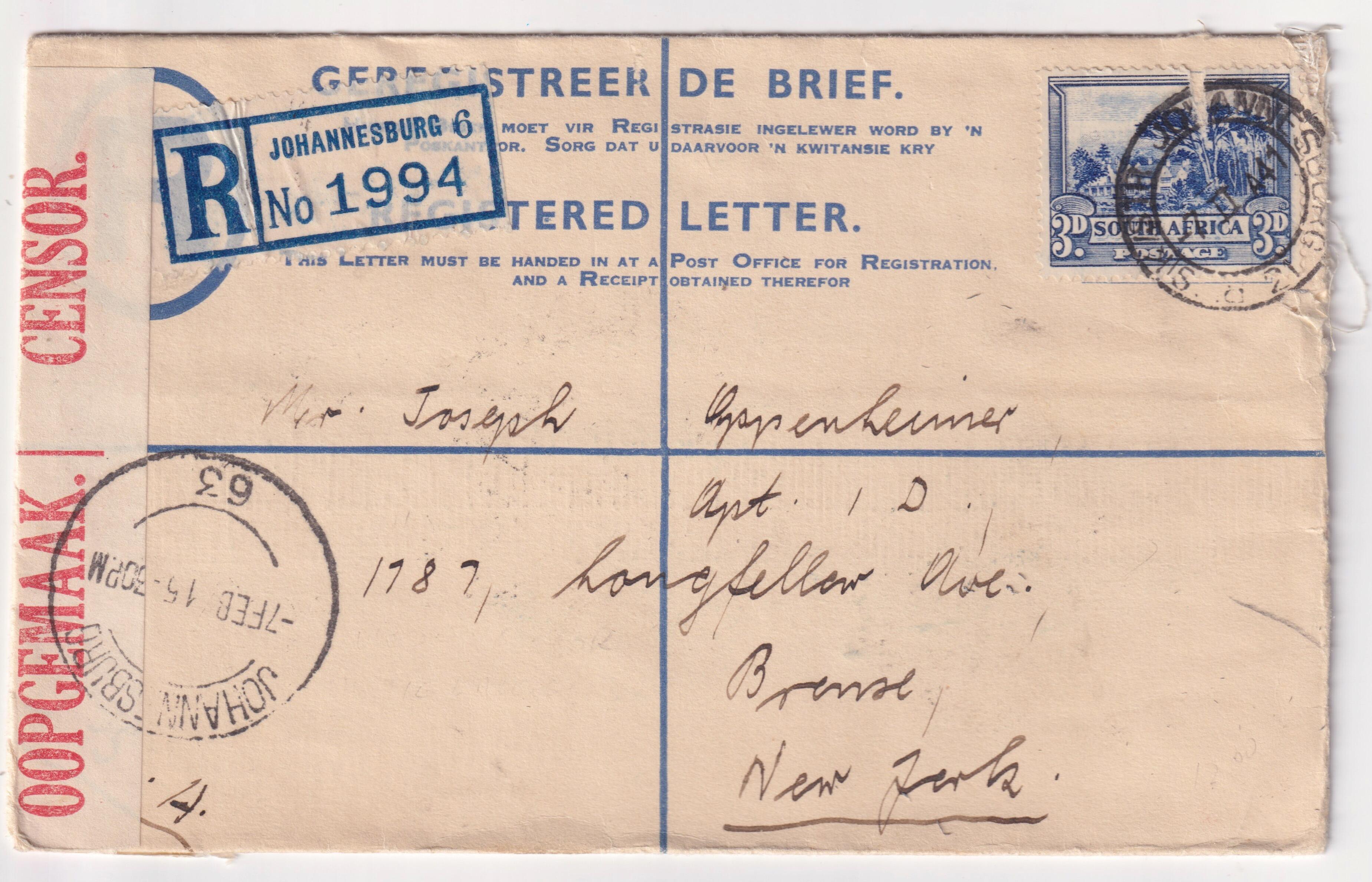 WW2 Johannesburg Registered Letter to NY Civil Bilingual JOHANNESBURG ...