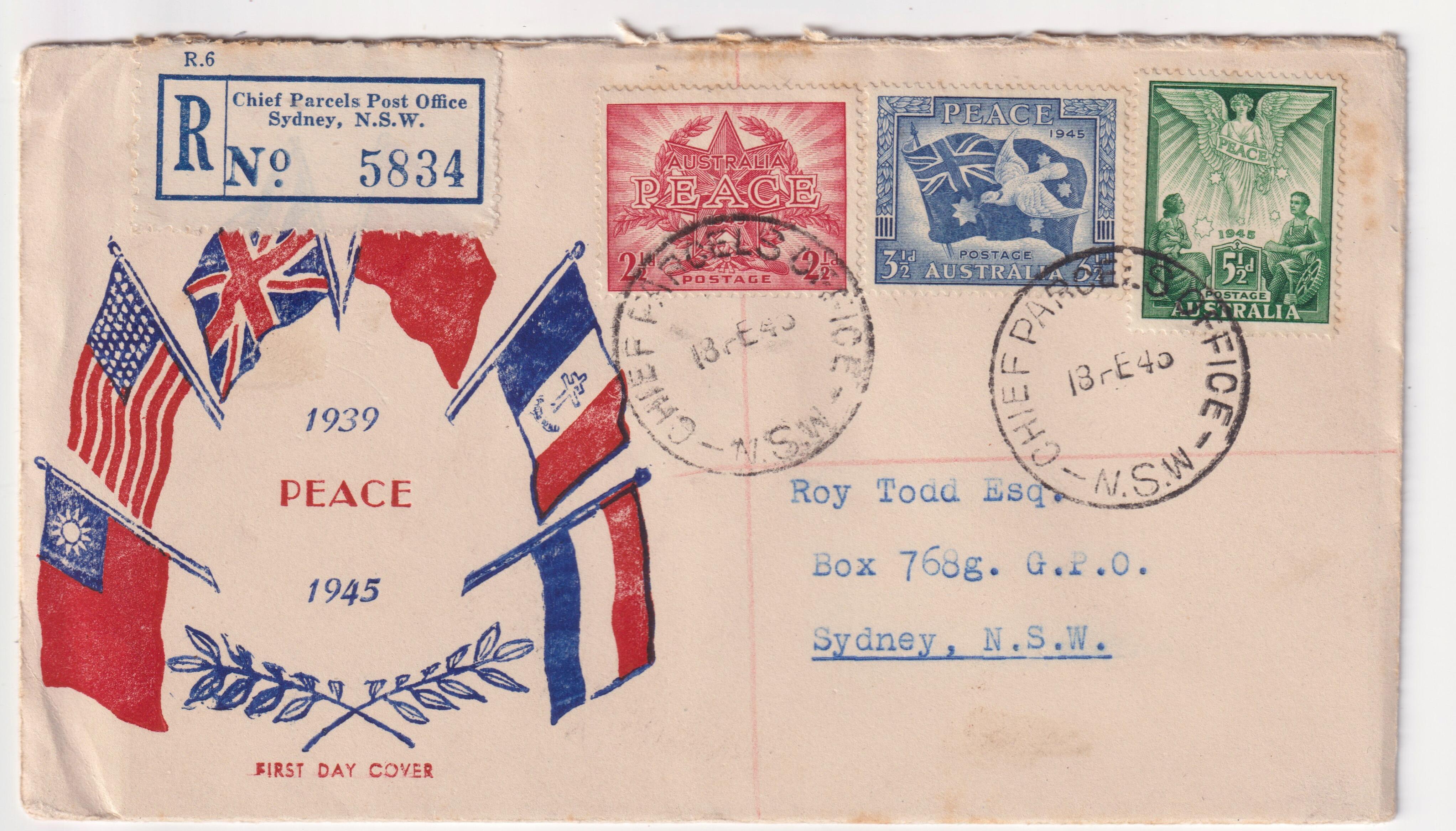 Australia 1939 - 1945 PEACE FDC Chief Parcels Post Office Sydney NSW