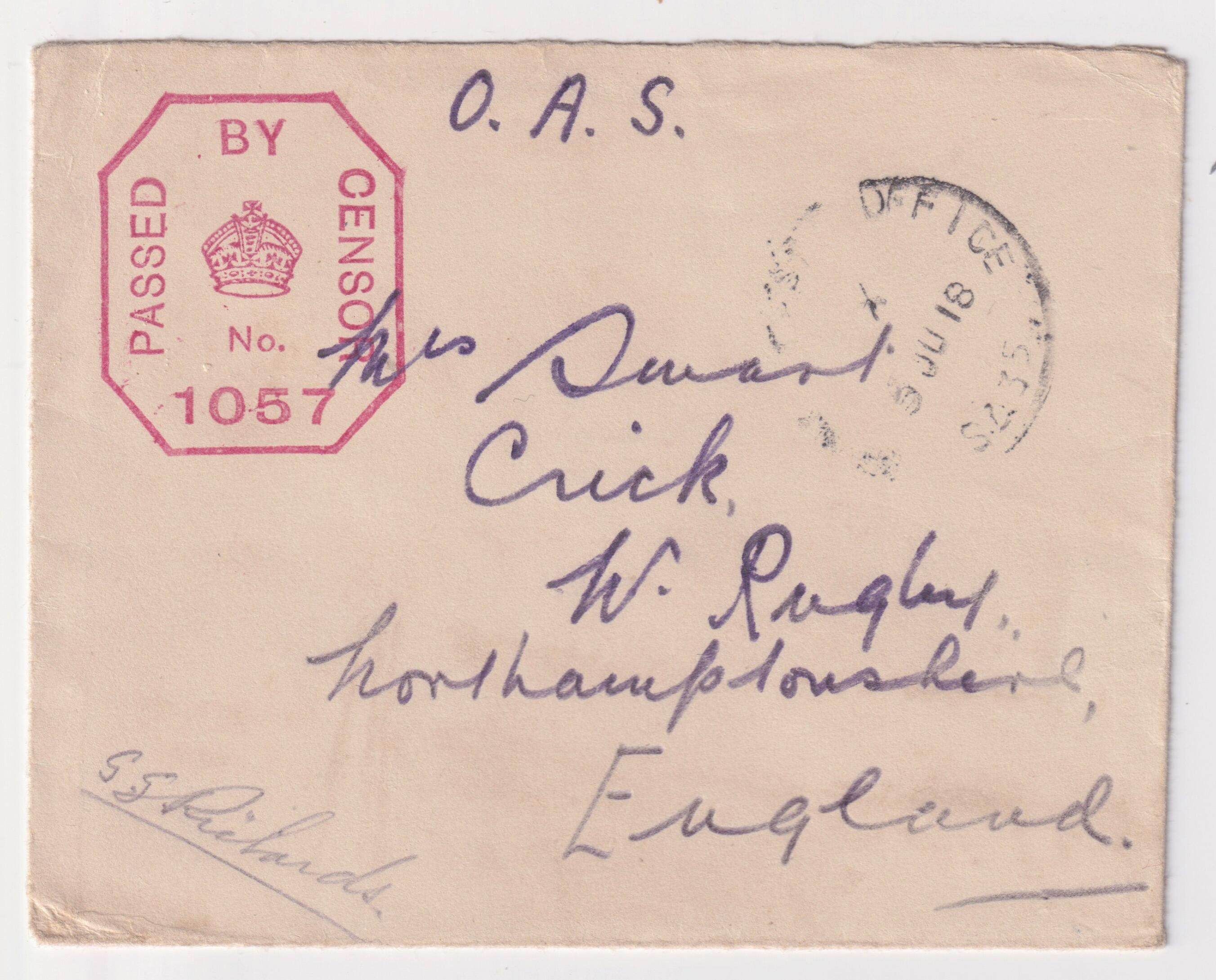 Palestine WW1 to Crick Northants Cover Army Post Office SZ 35 Censored ...